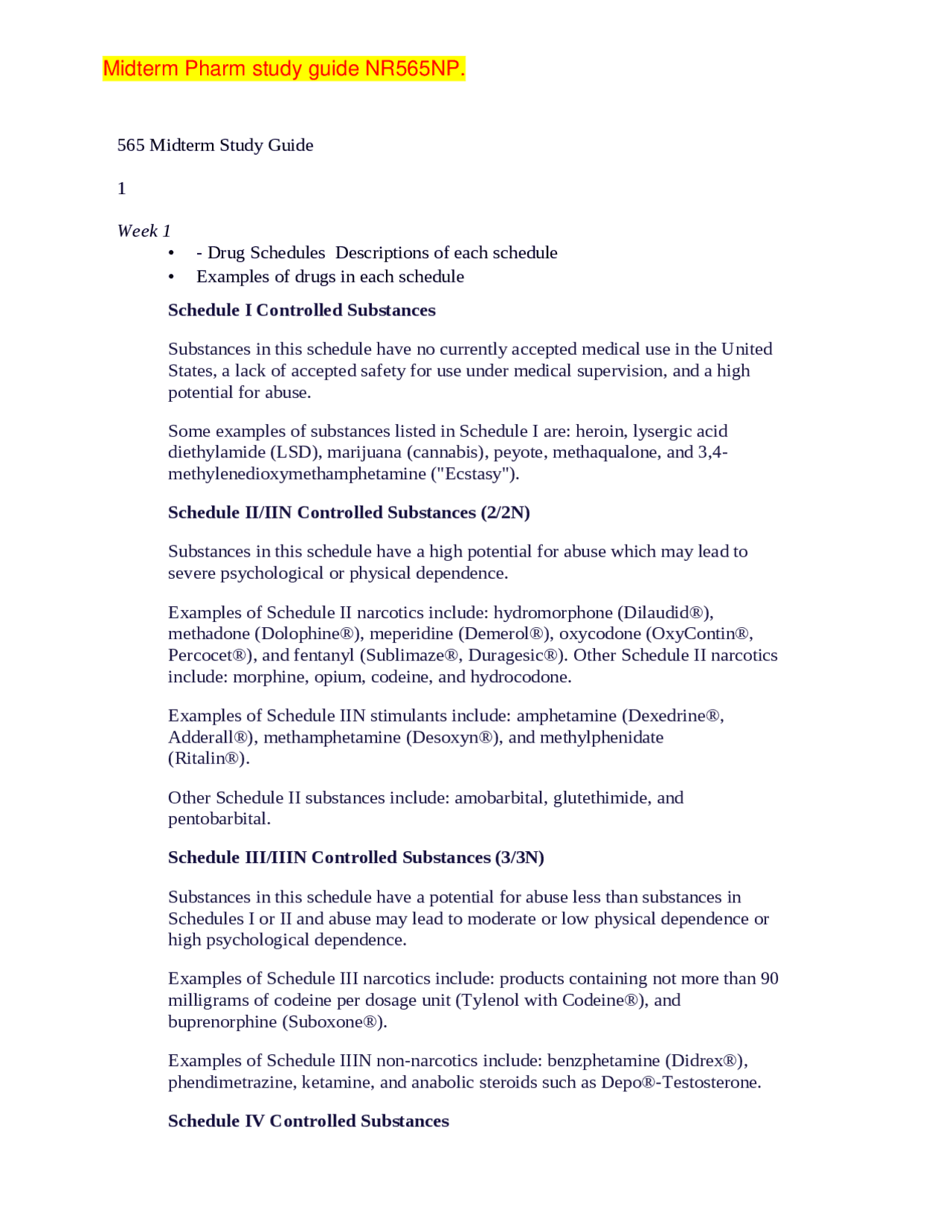 Midterm Pharm study guide NR565NP. - Docsity