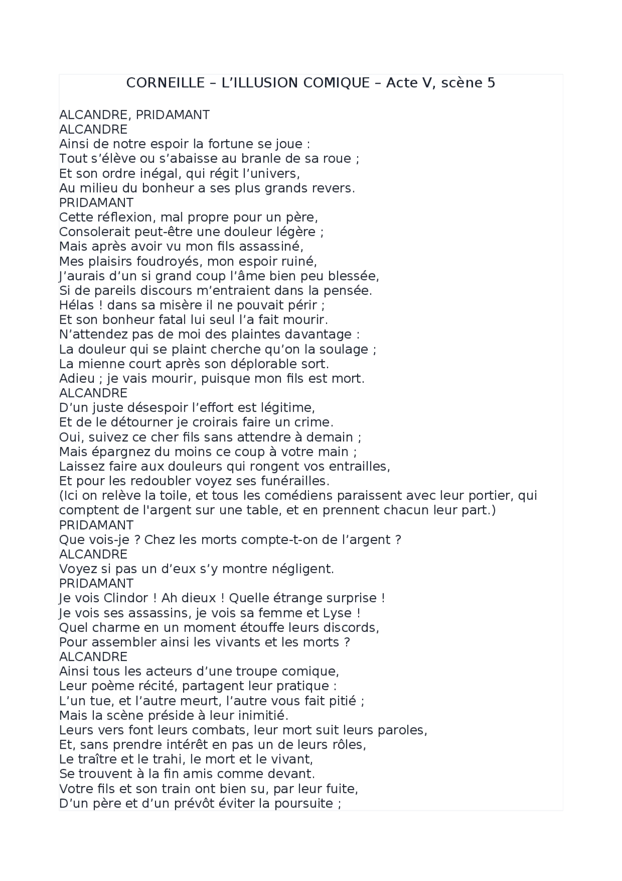 Exemple De Commentaire Compos Corneille L39illusion Comique Fiction