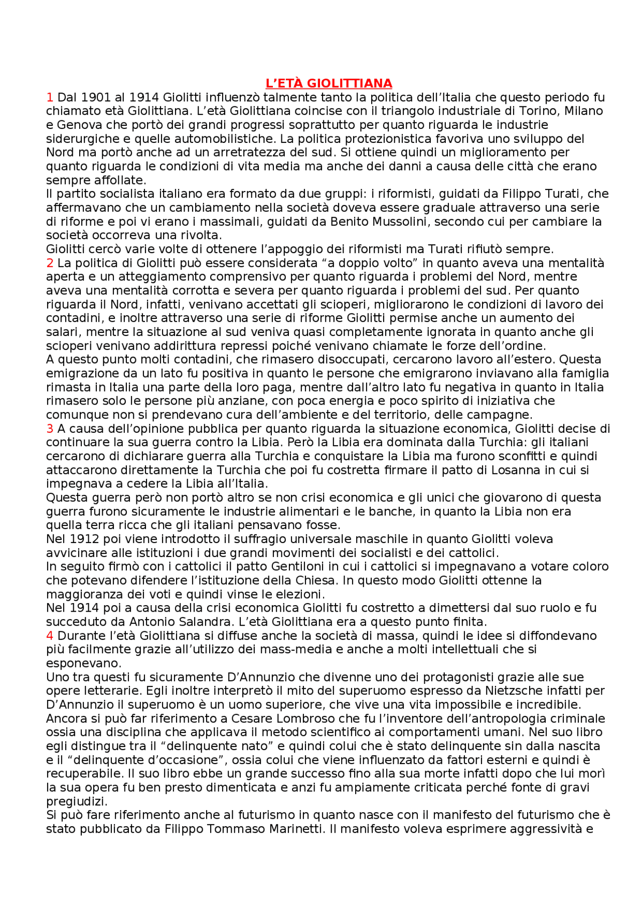 Letà Giolittiana Storia Docsity