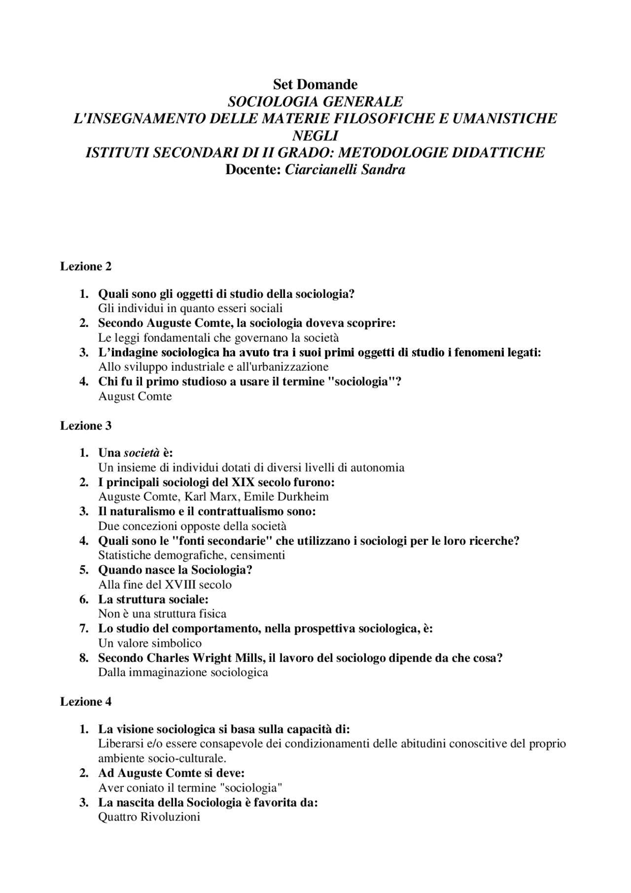 Paniere Sociologia Generale Master Docsity