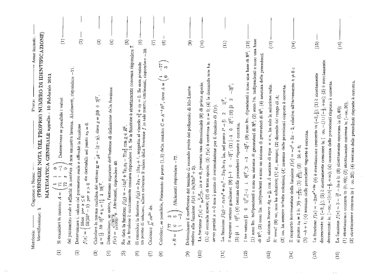 Prova Di Esame Matematica Docsity