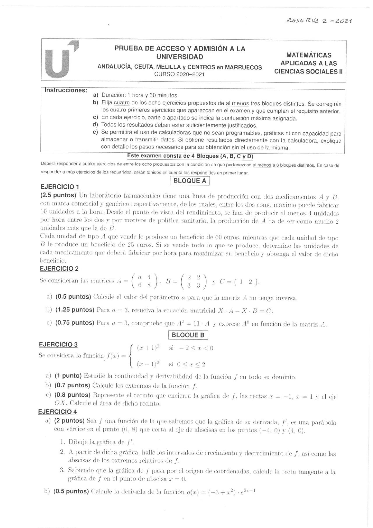 Examen Selectividad Matemáticas Docsity