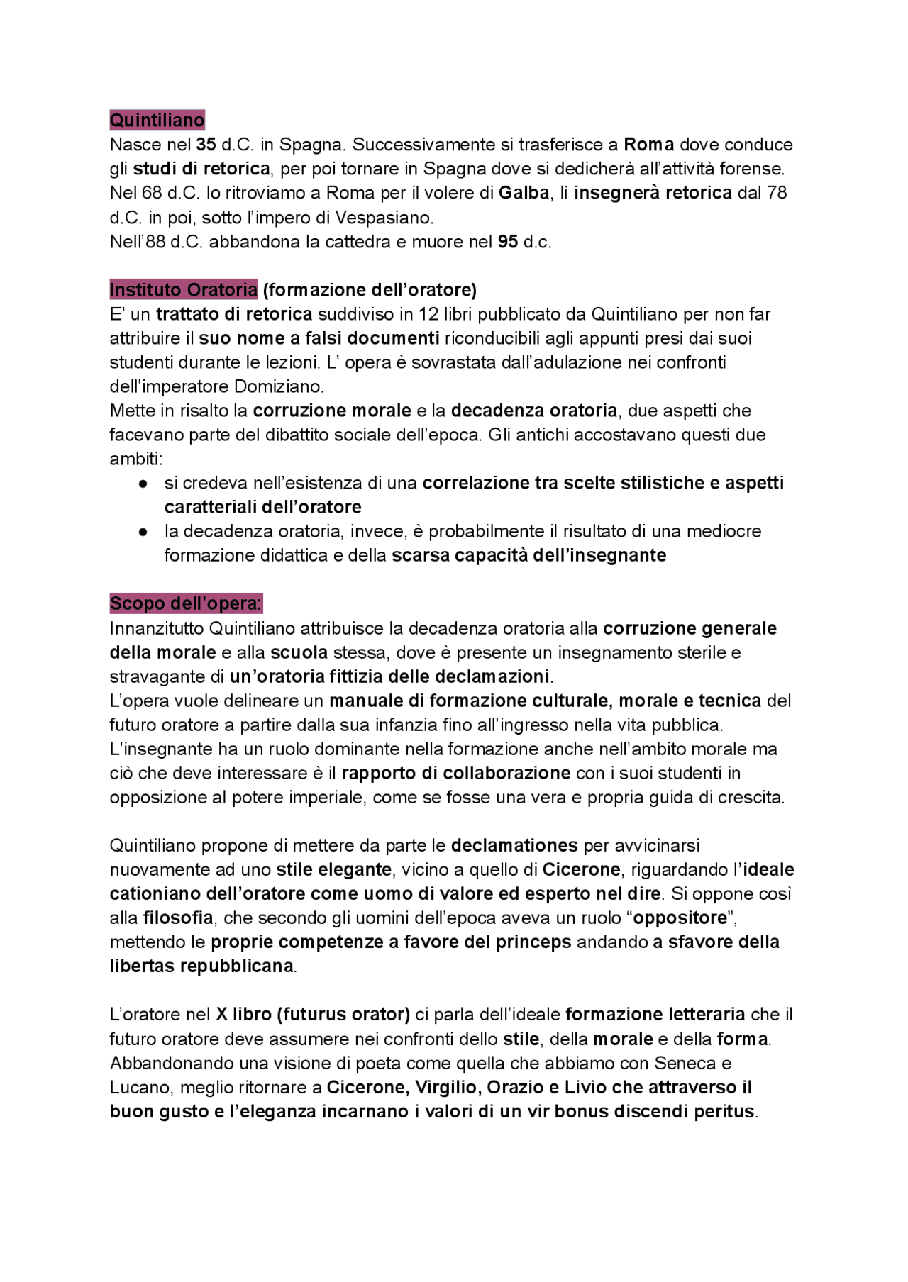 Quintiliano, Marziale e Tacito (Biografia, Opere, Lingua e stile) - Docsity