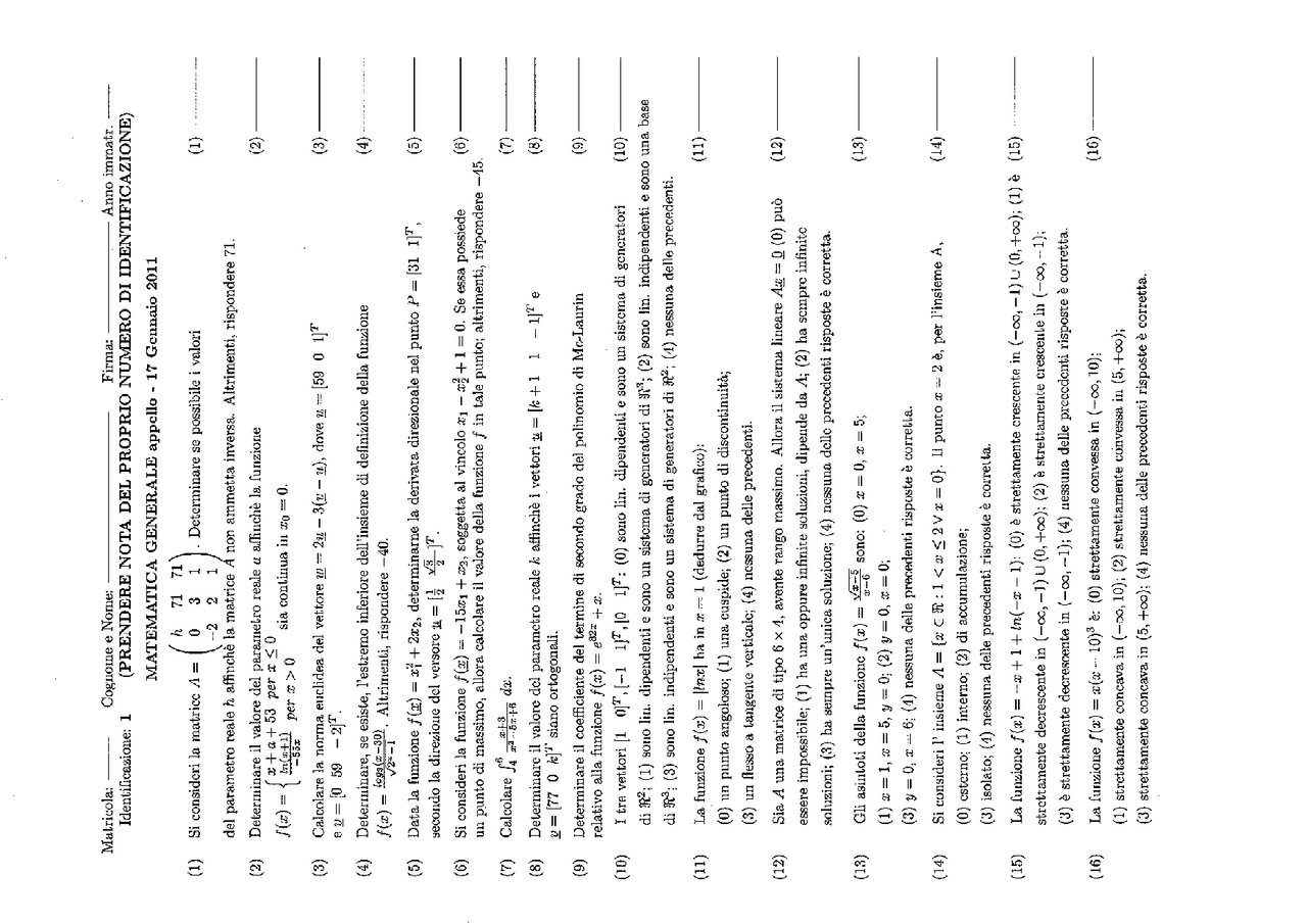 Prova Di Esame Matematica Docsity