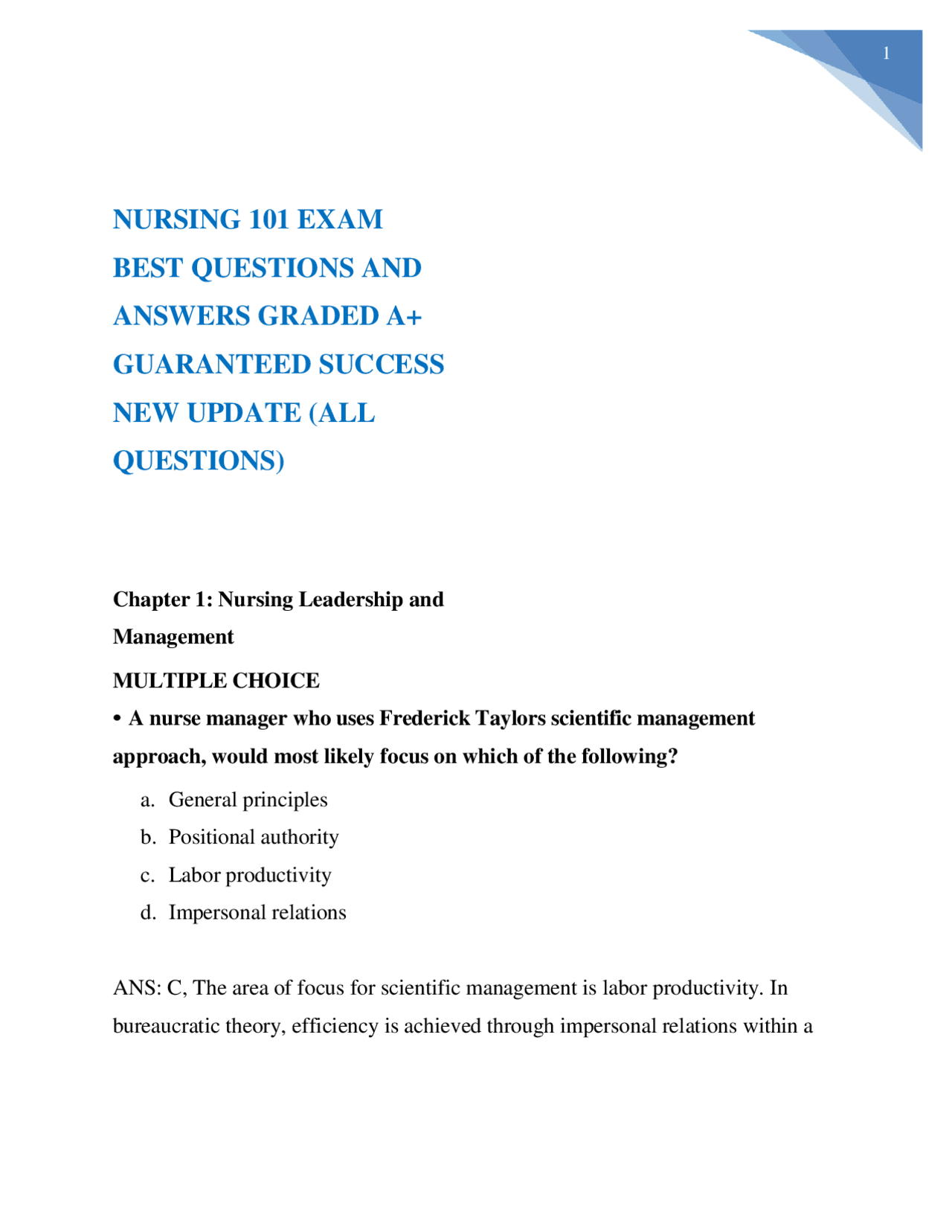 NURSING 101 EXAM BEST QUESTIONS AND ANSWERS GRADED A+ GUARANTEED ...