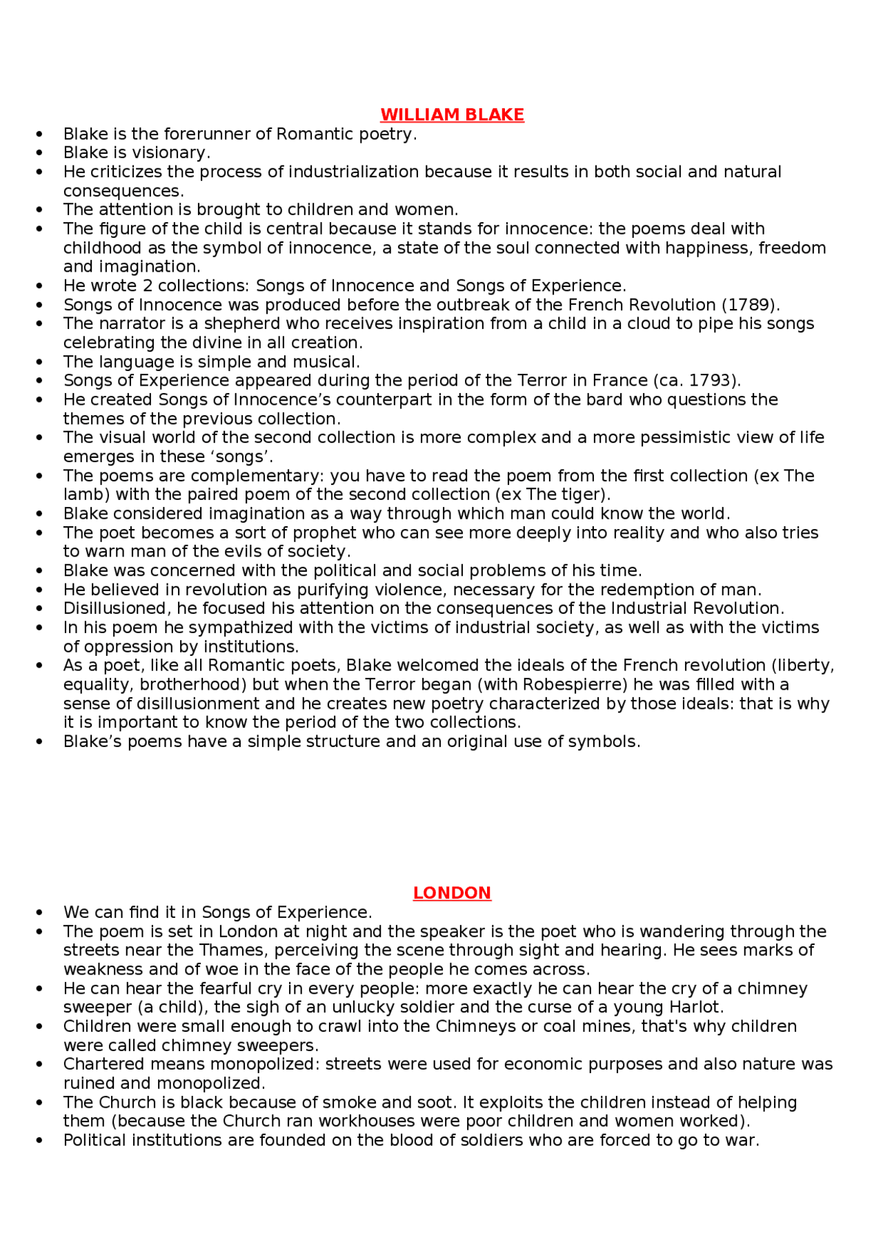 London - William Blake - lingua e letteratura inglese - Docsity