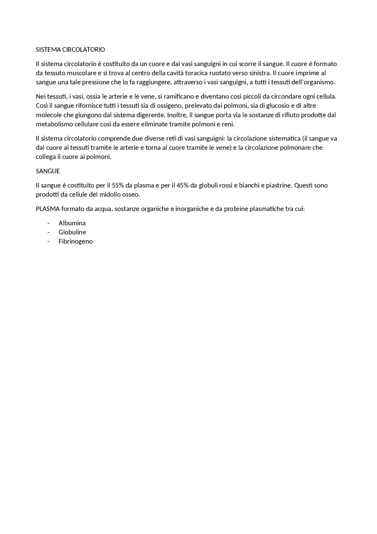 Riassunto Sistema Circolatorio Docsity