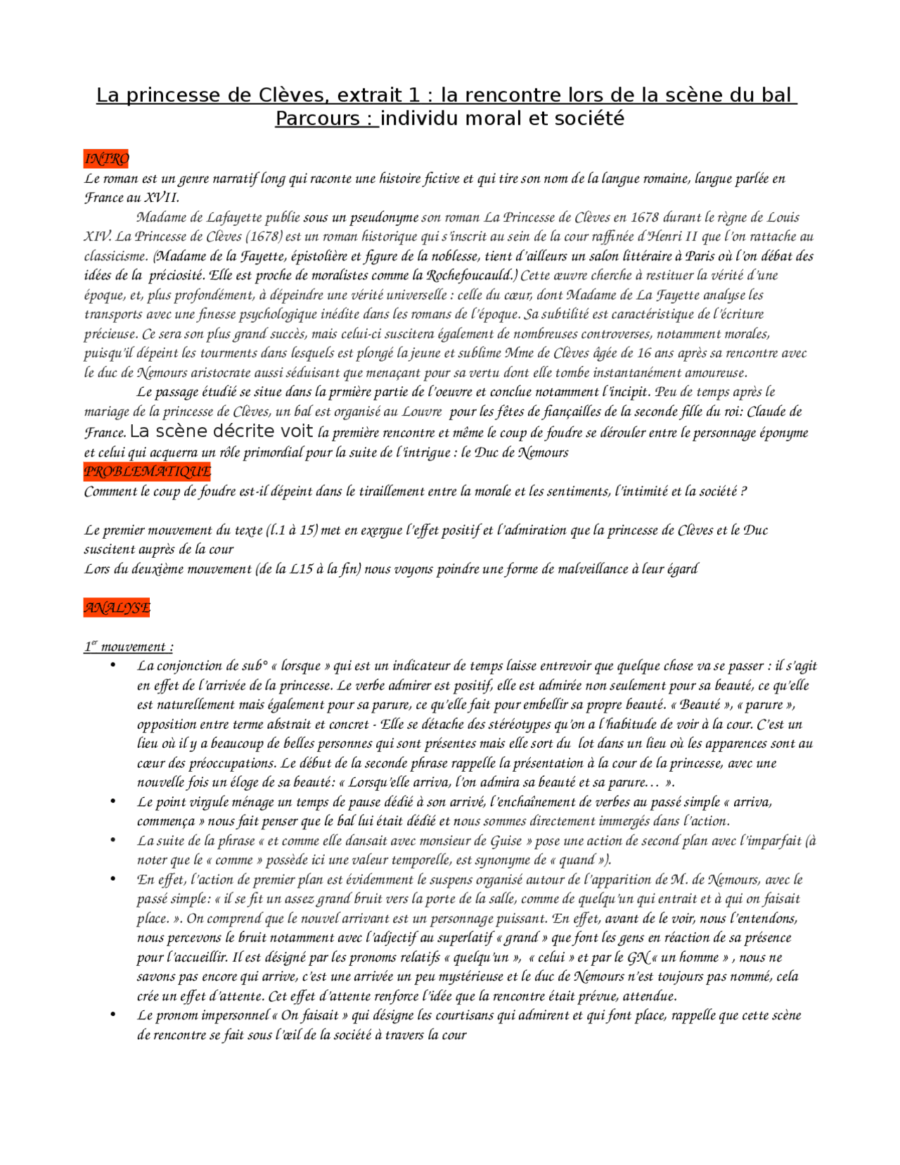 Lecture Linéaire La Princesse De Clèves Notes Français Docsity