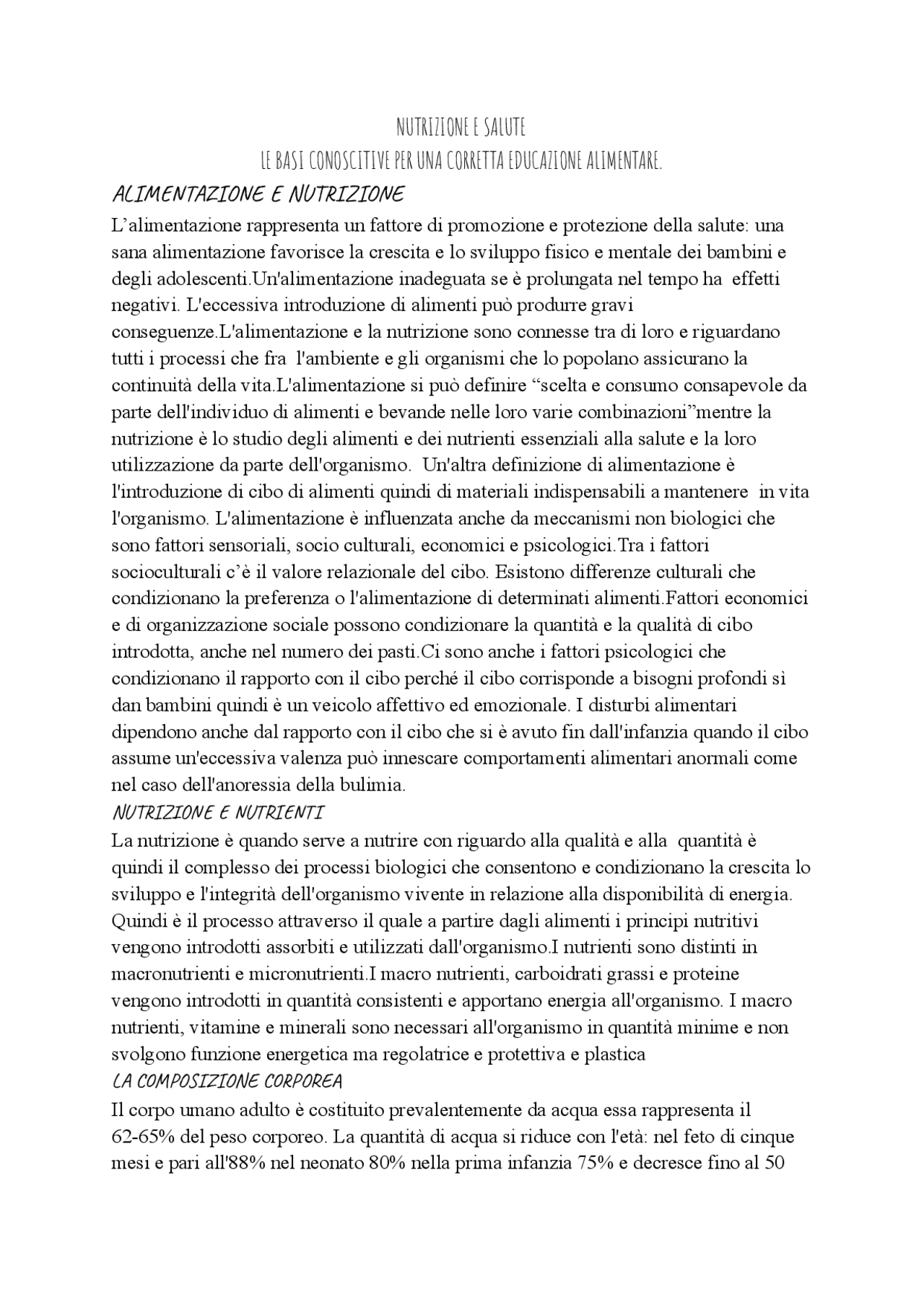 Nutrizione E Salute Sintesi Del Corso Di Scienza Docsity