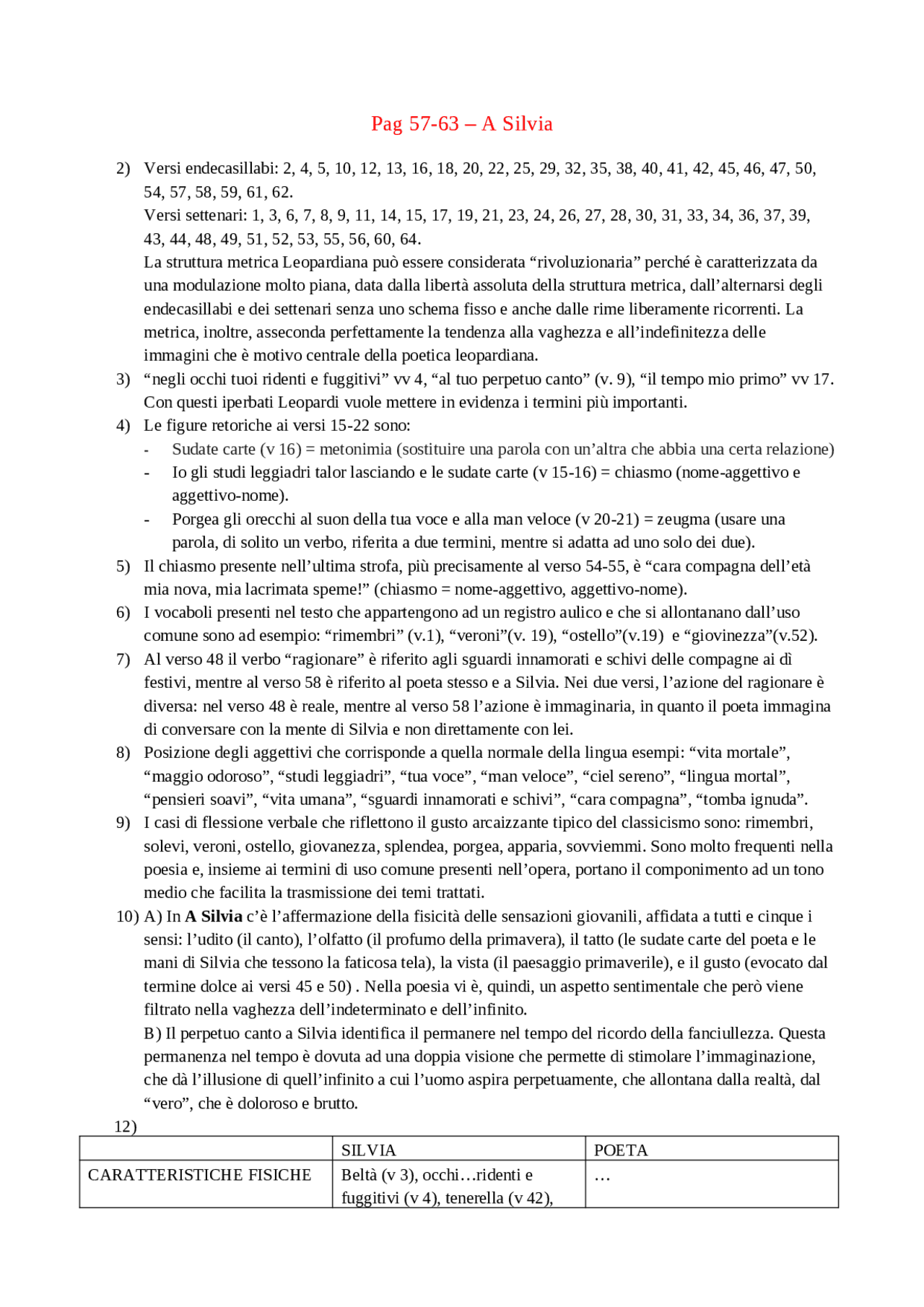 A Silvia - Leopardi - esercizi - Docsity