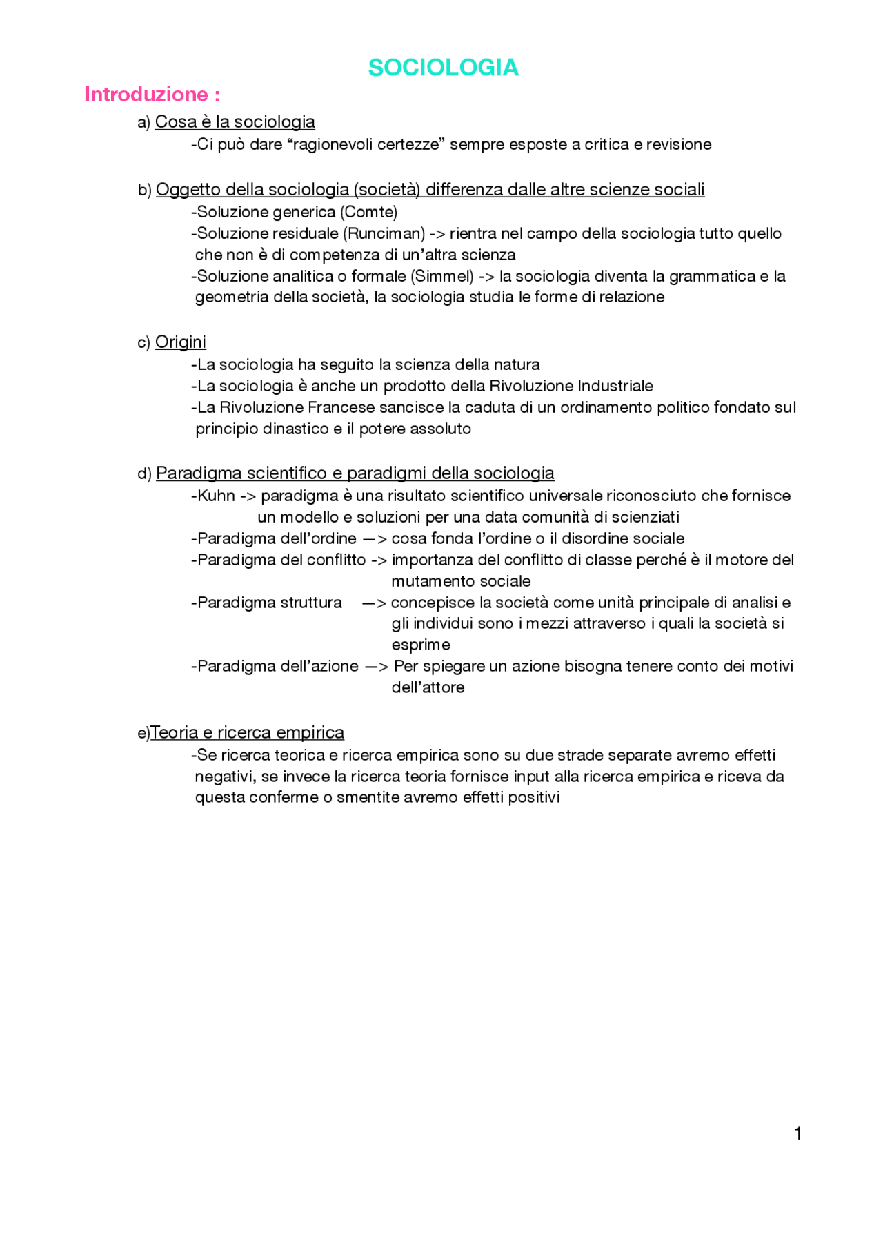 Introduzione alla Sociologia | Schemi e mappe concettuali di Sociologia | Docsity