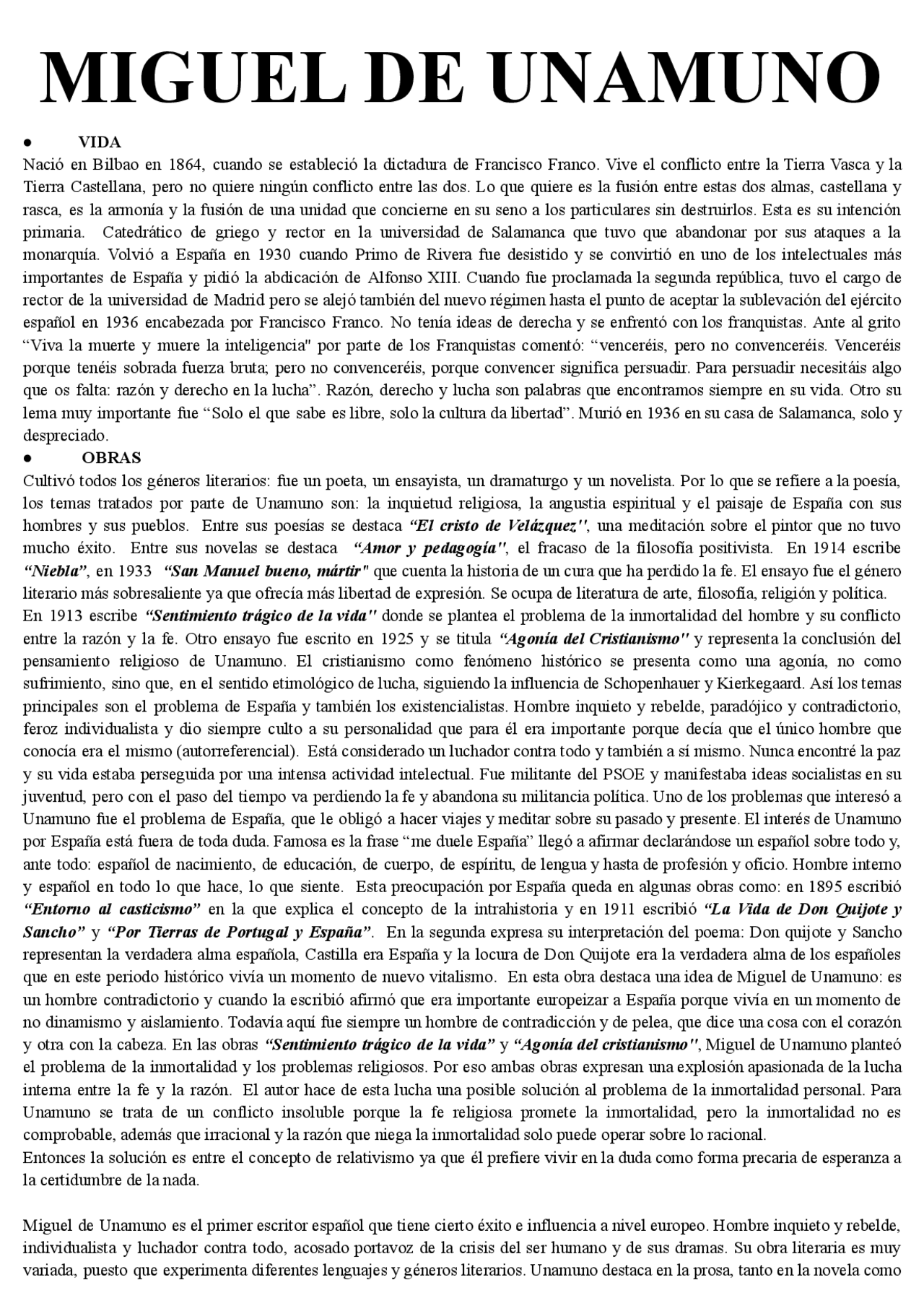 MIGUEL DE UNAMUNO: "NIEBLA" y "SAN MANUEL BUENO MÀRTIR" - Docsity