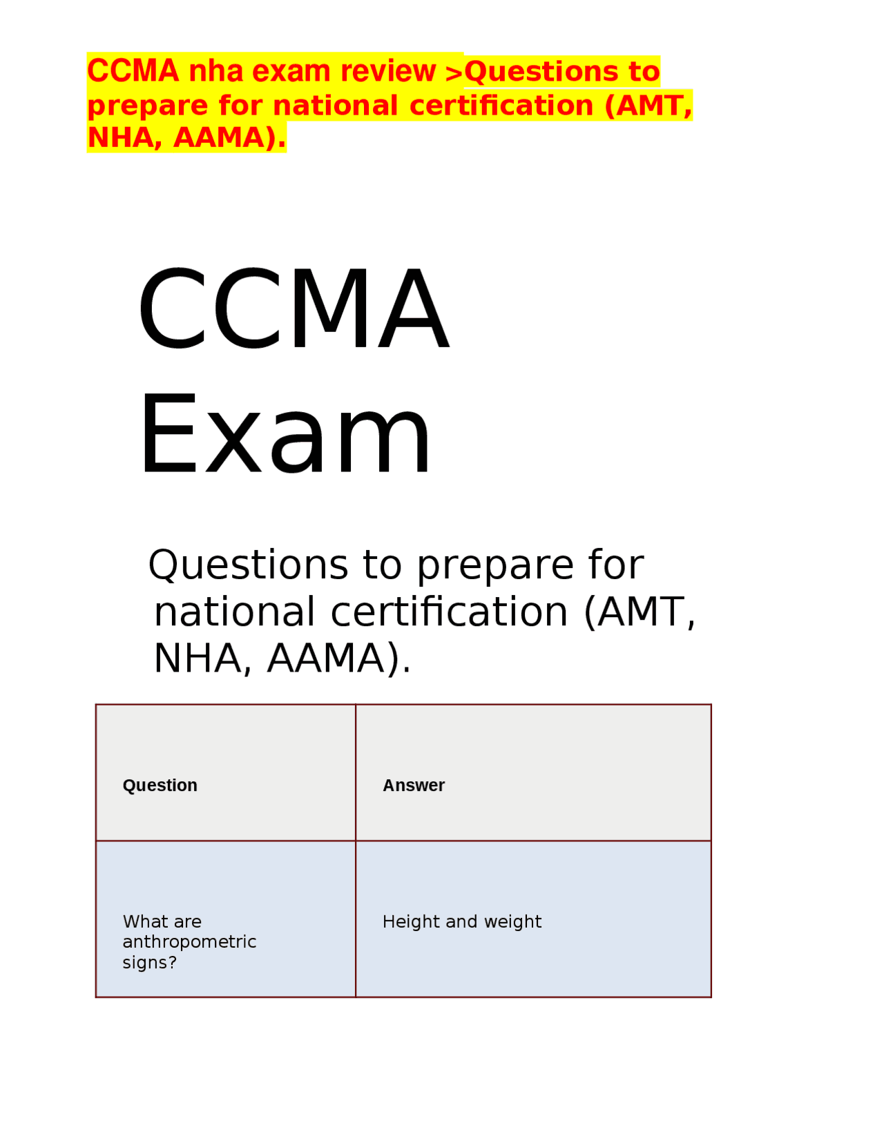 CCMA Exam Review: Questions for National Certification (AMT, NHA, AAMA ...