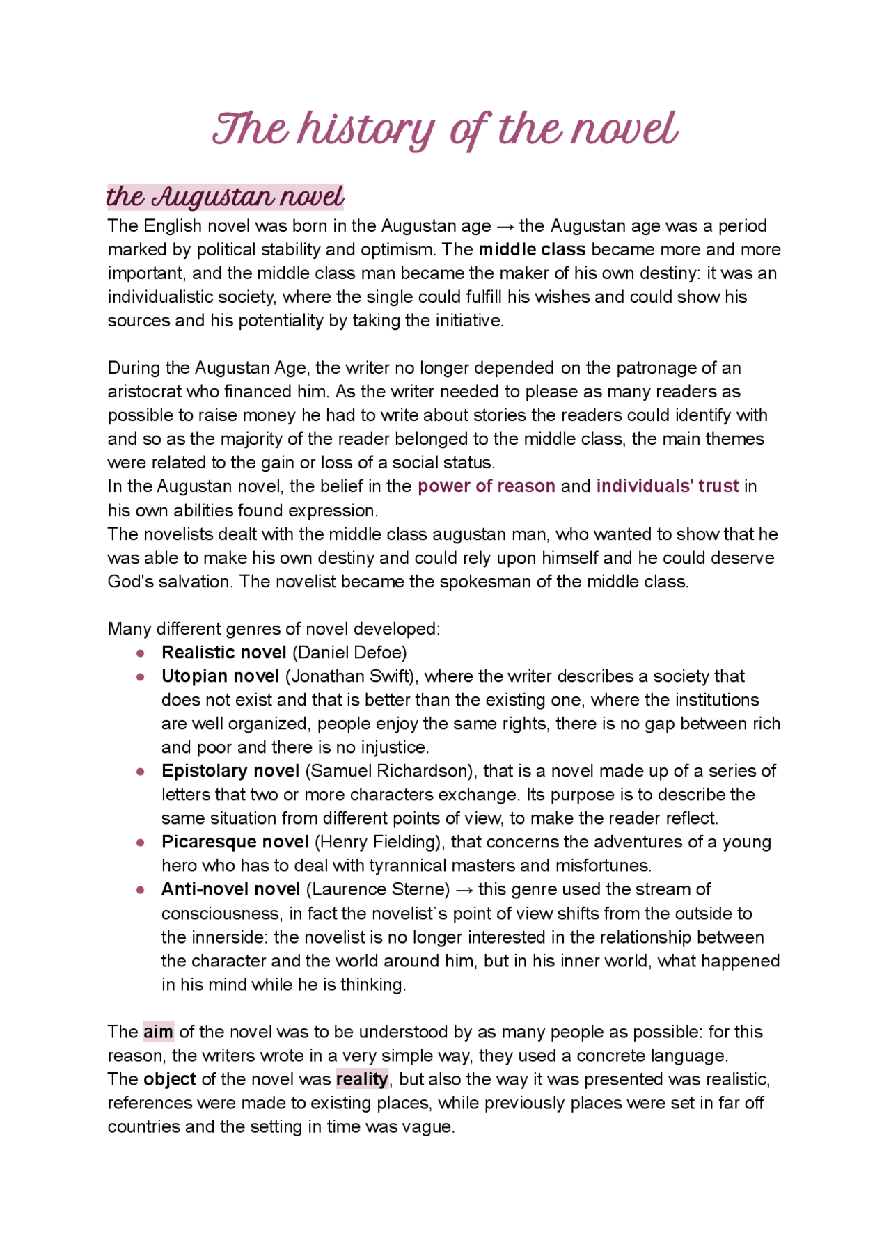 The history of the novel - Docsity