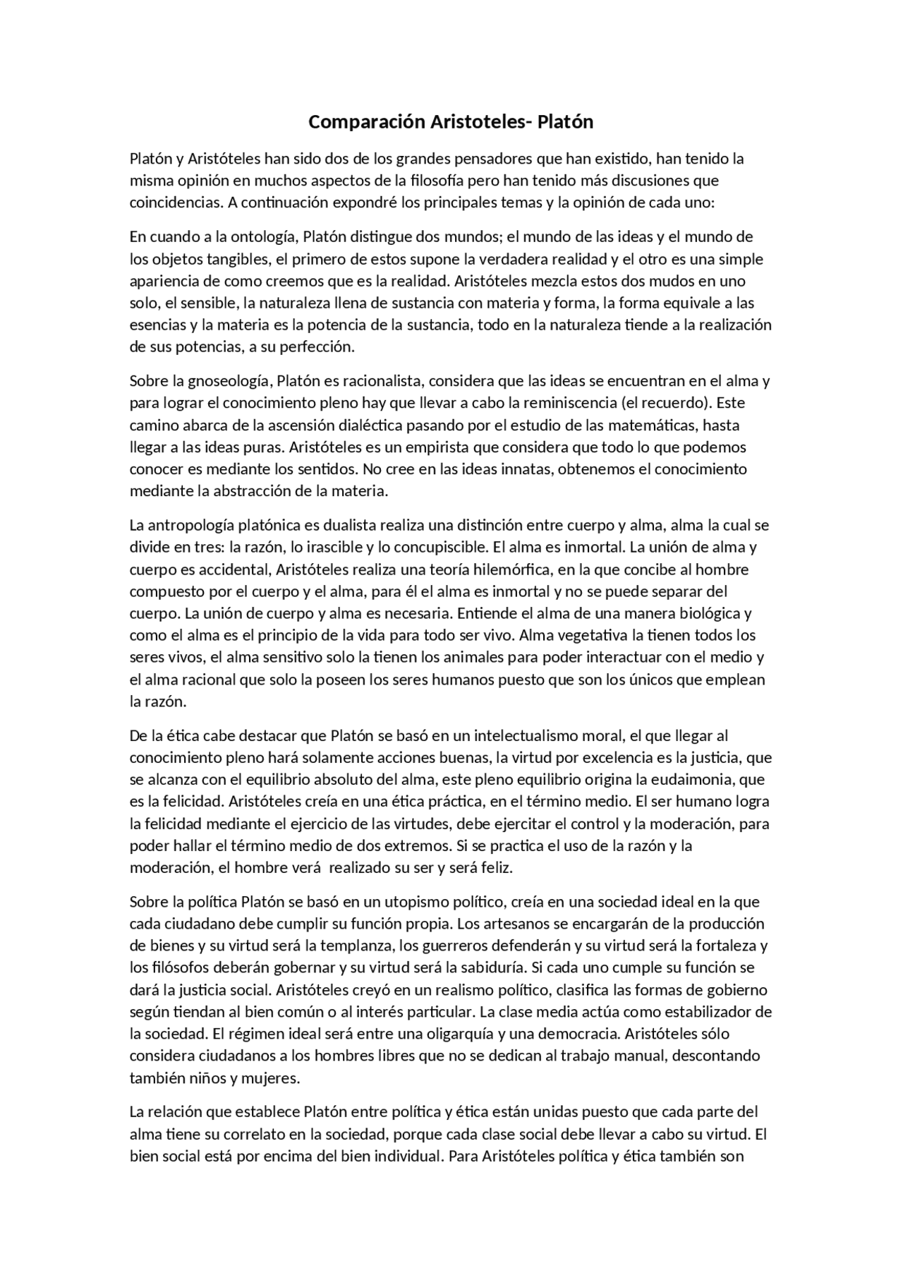 Comparación Aristóteles Platón Docsity