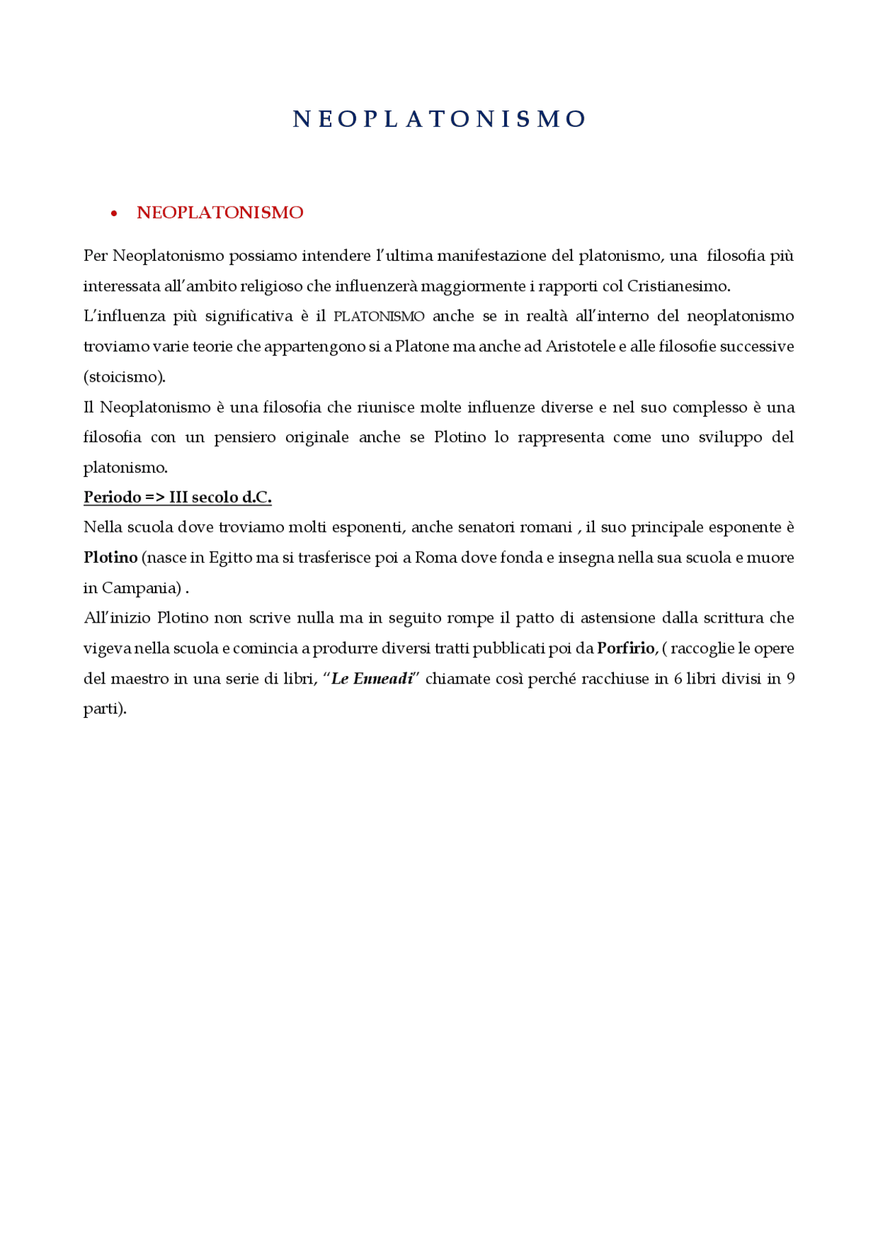 Neoplatonismo (Plotino) | Appunti di Filosofia | Docsity