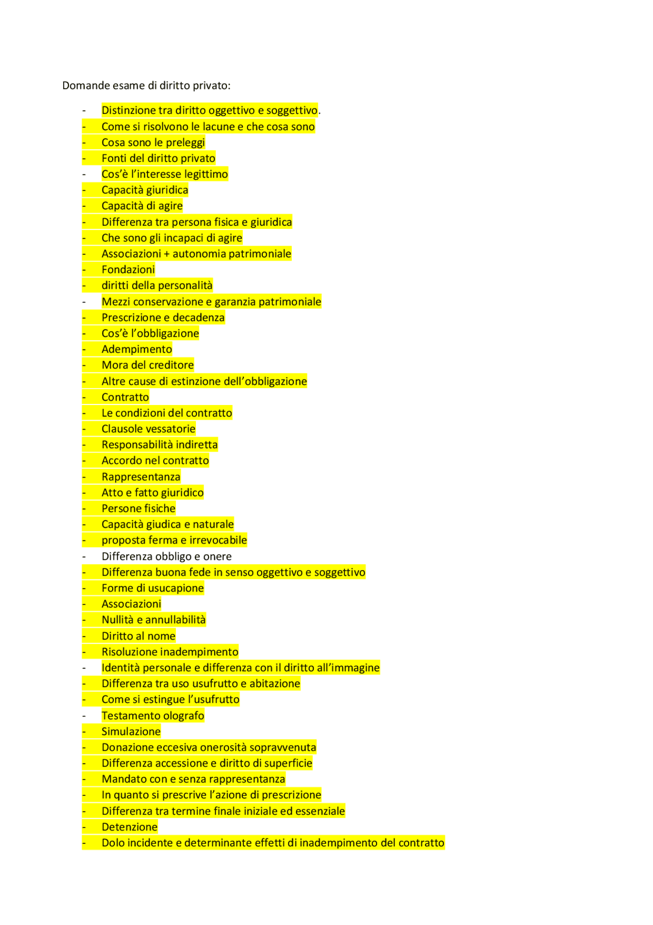 Domande Esame Di Diritto Privato Corso R Z Docsity