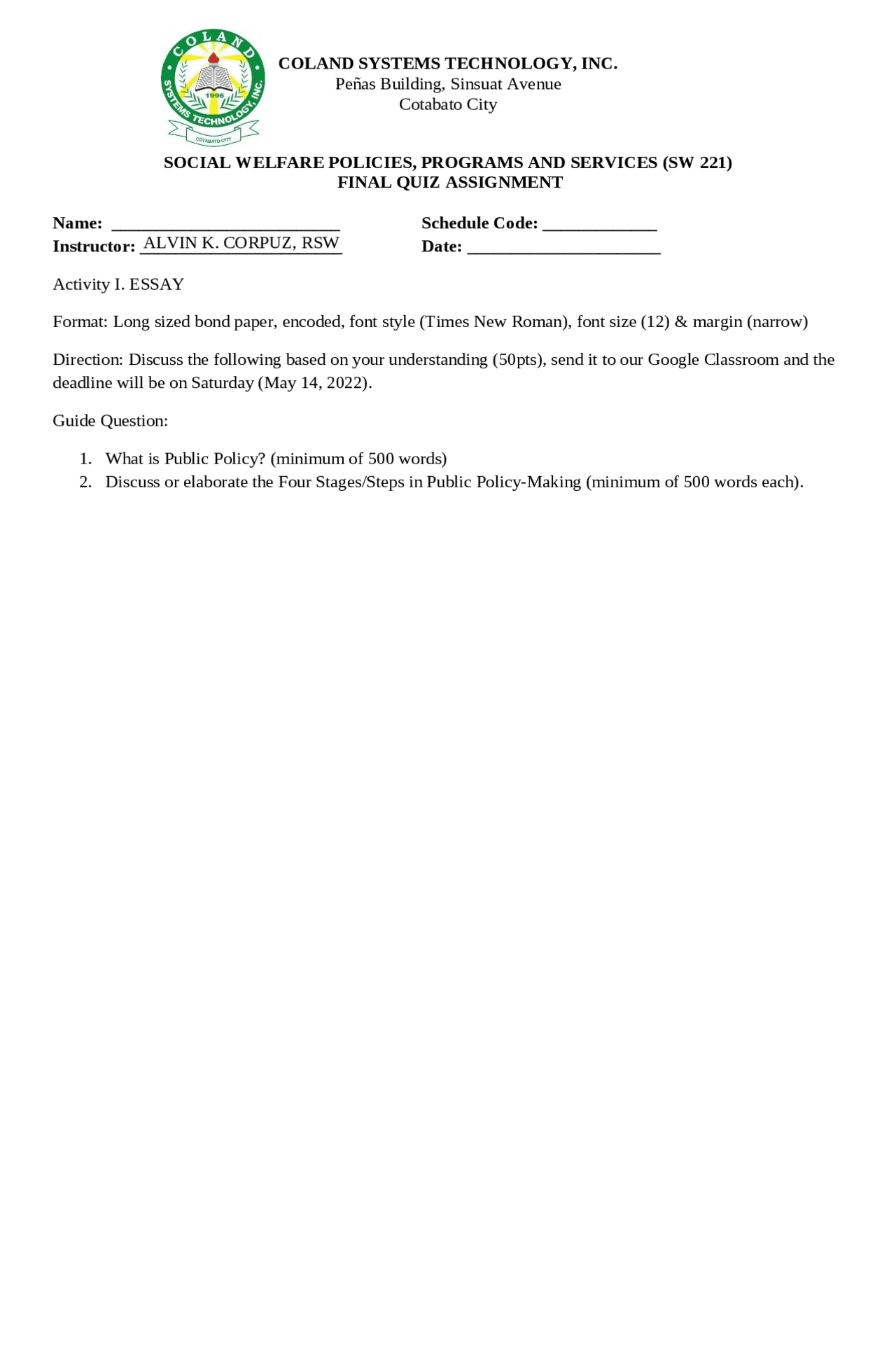 Assignment For My Final Exam Docsity
