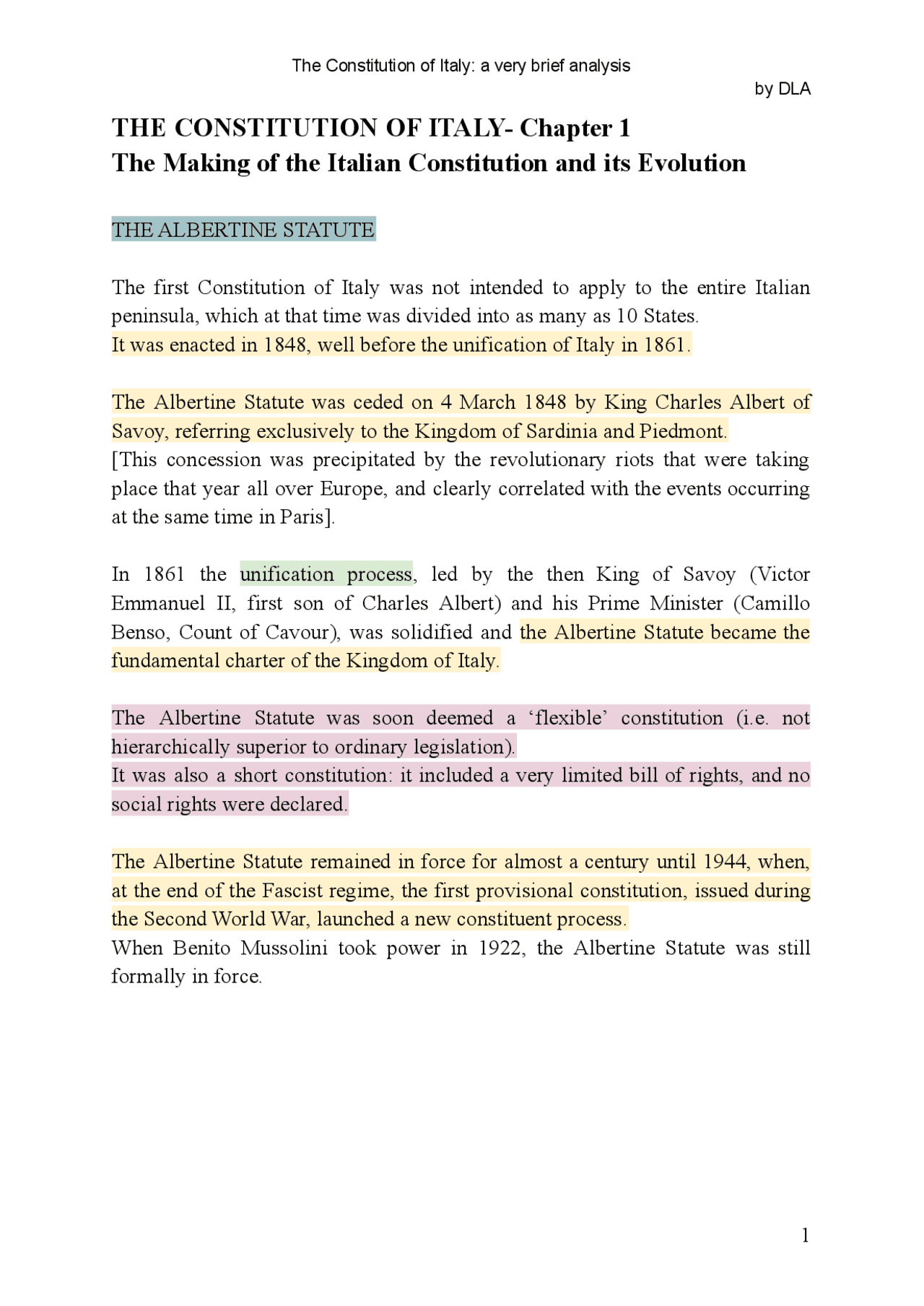 The Constitution of Italy: Summary - Docsity