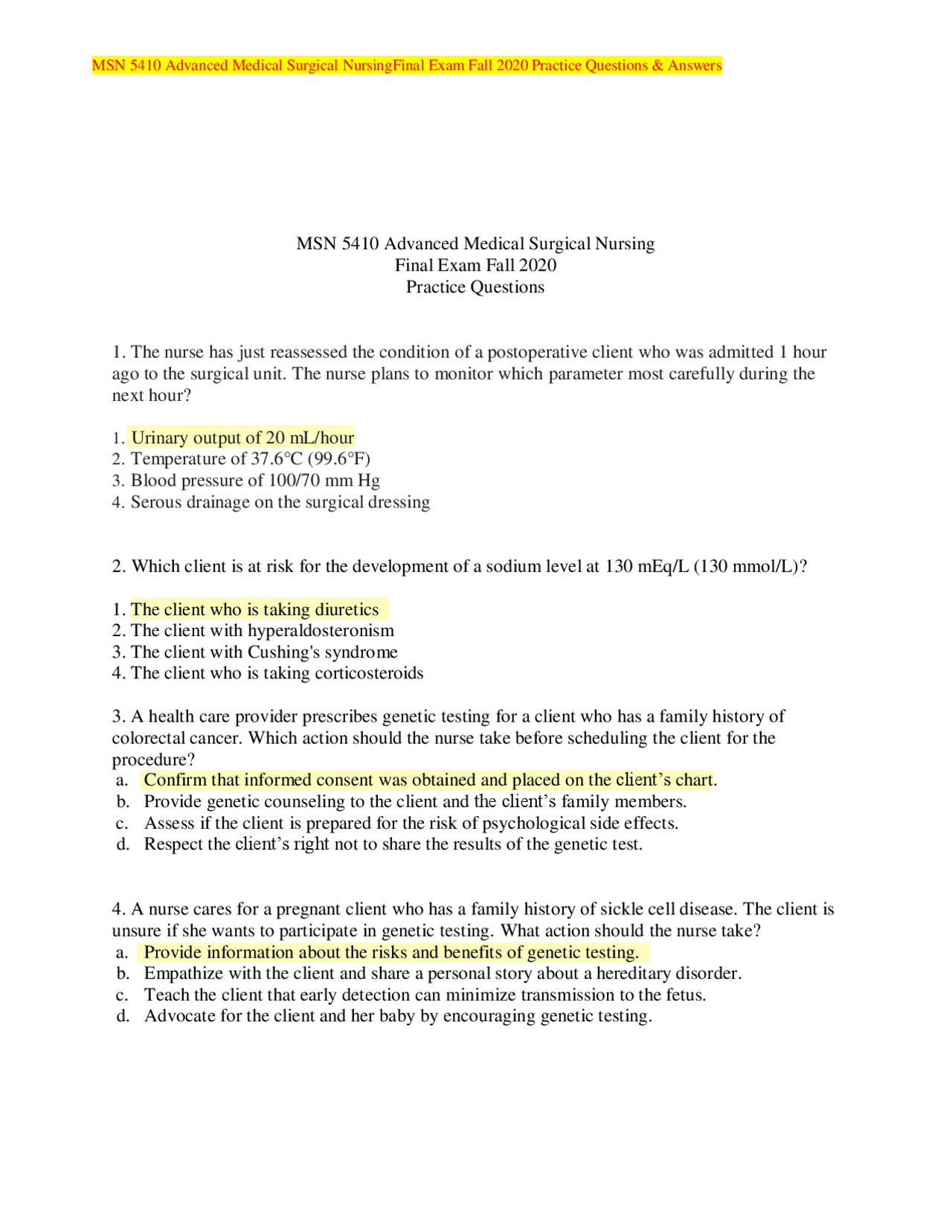 MSN 5410 Advanced Medical Surgical NursingFinal Exam Fall 2020 Practice ...