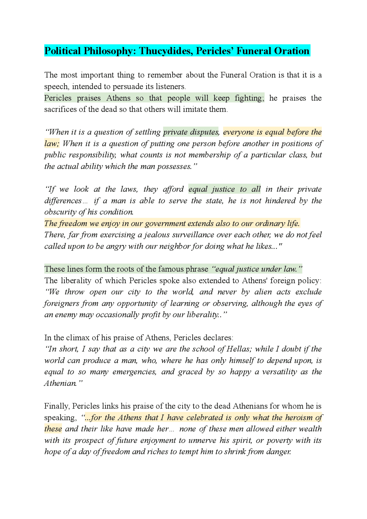 Thucydides, Pericles’ Funeral Oration - Docsity