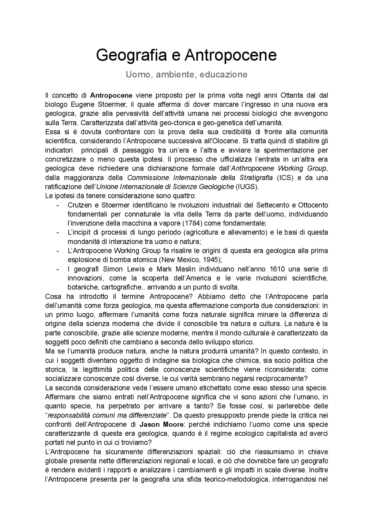 Geografia e Antropocene Uomo, ambiente, educazione - RIASSUNTO | Appunti di Geografia | Docsity