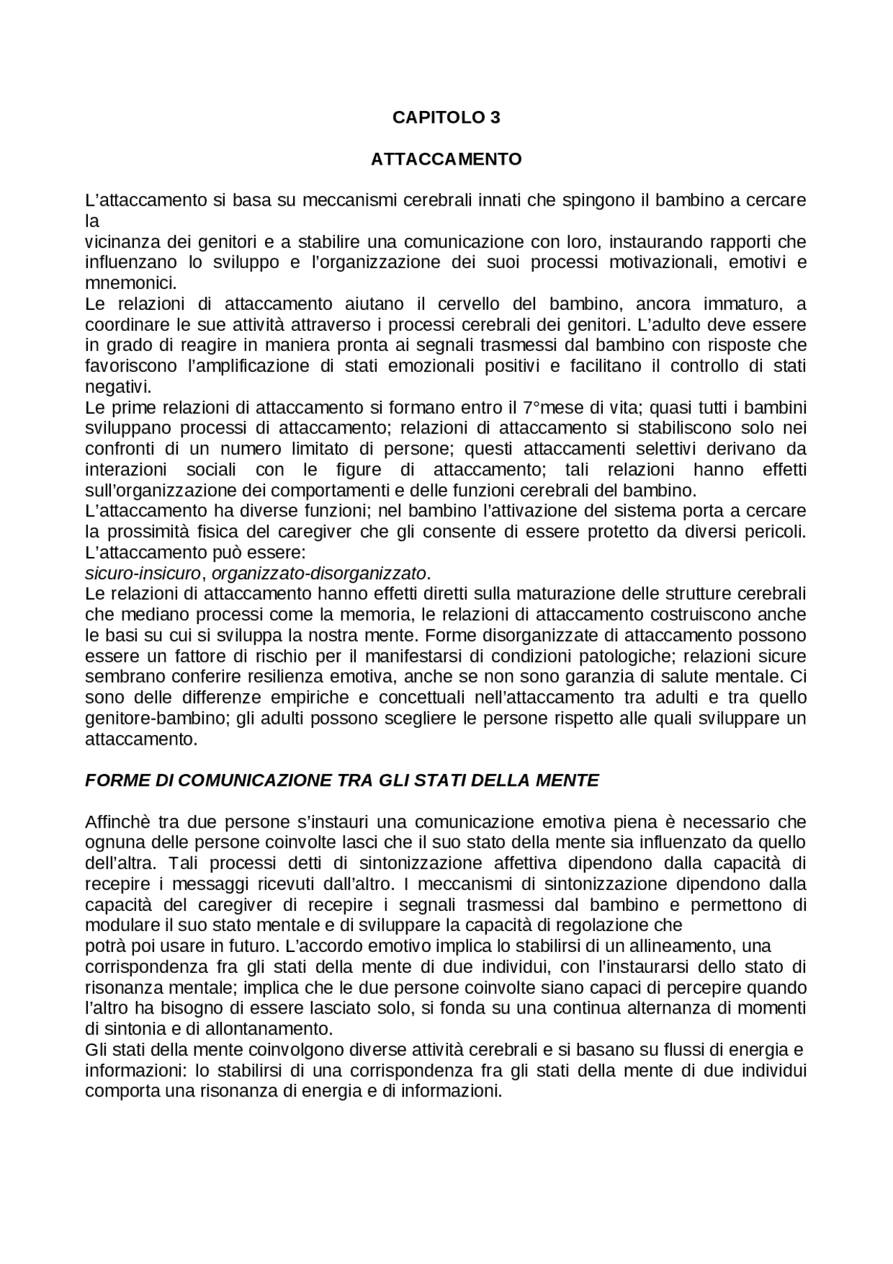 Schema Sintetico Cap 3 Lattaccamento Lectures De Pédagogie Docsity