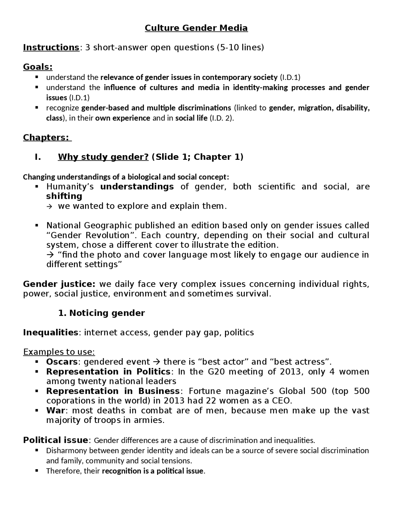 Culture Gender Media Summary - Part 1 - Docsity