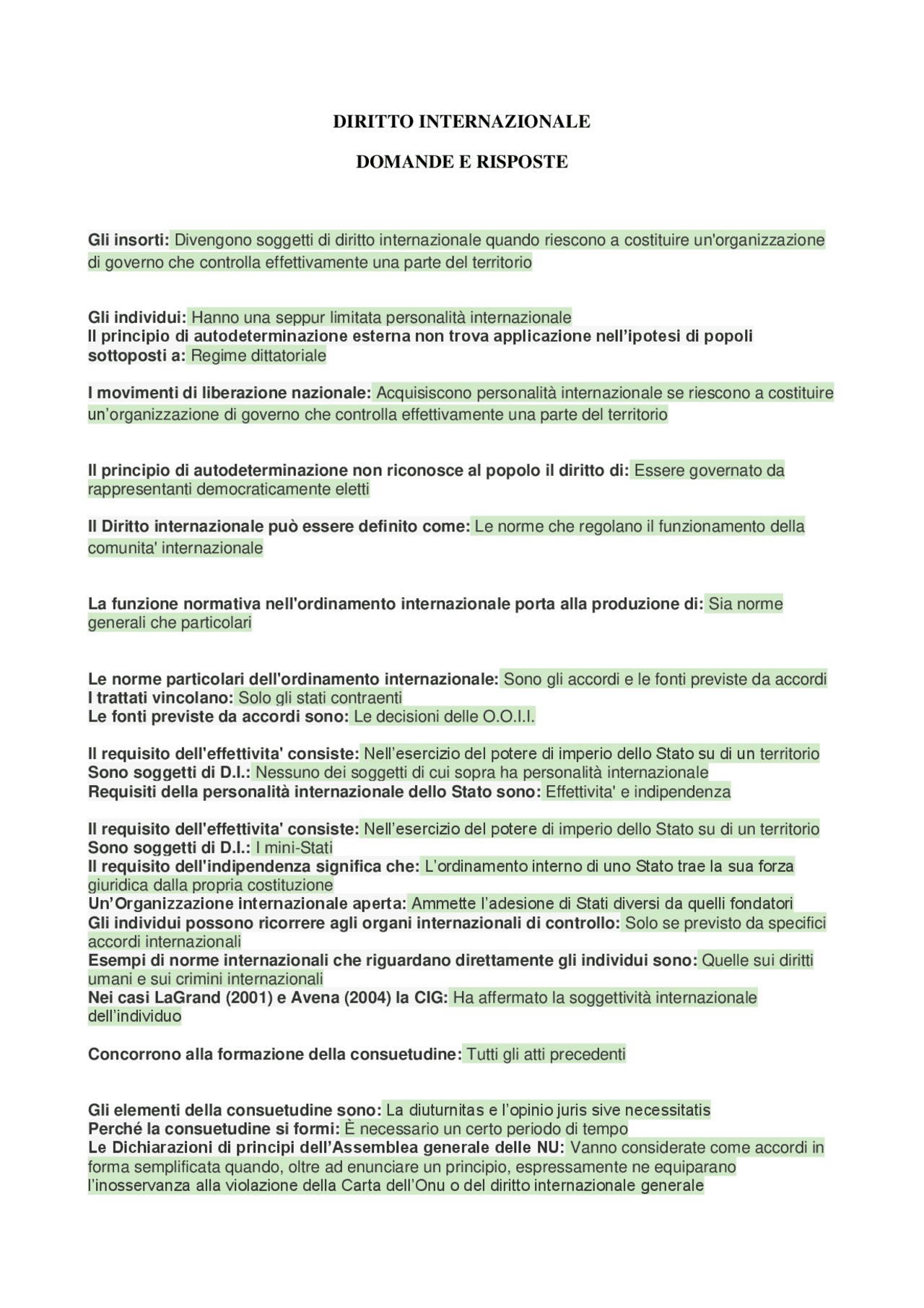 DOMANDE E RISPOSTE- DIRITTO INTERNAZIONALE-2022 | Prove d'esame di Diritto Internazionale | Docsity