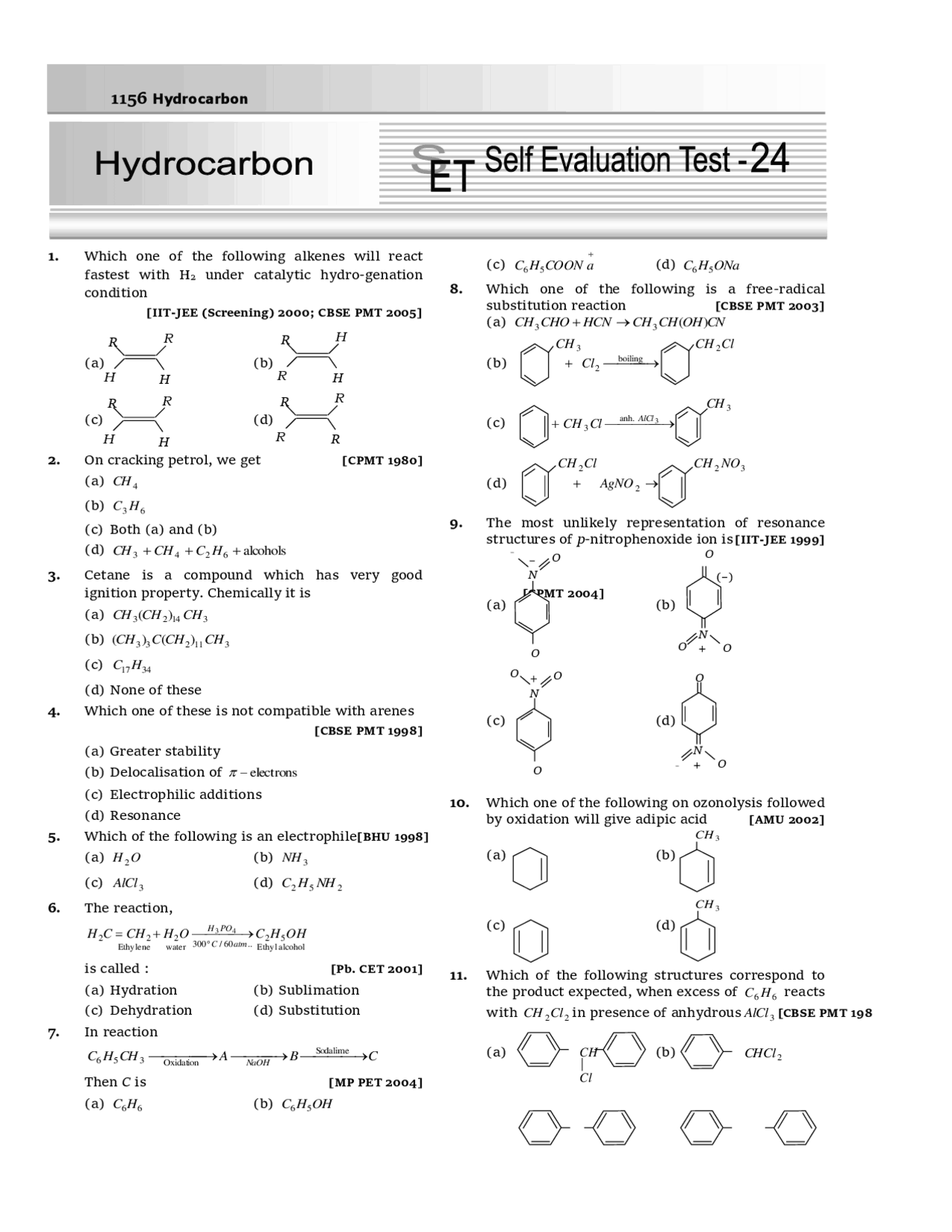 Self Evaluation Test On Hydrocarbon With Answers Docsity
