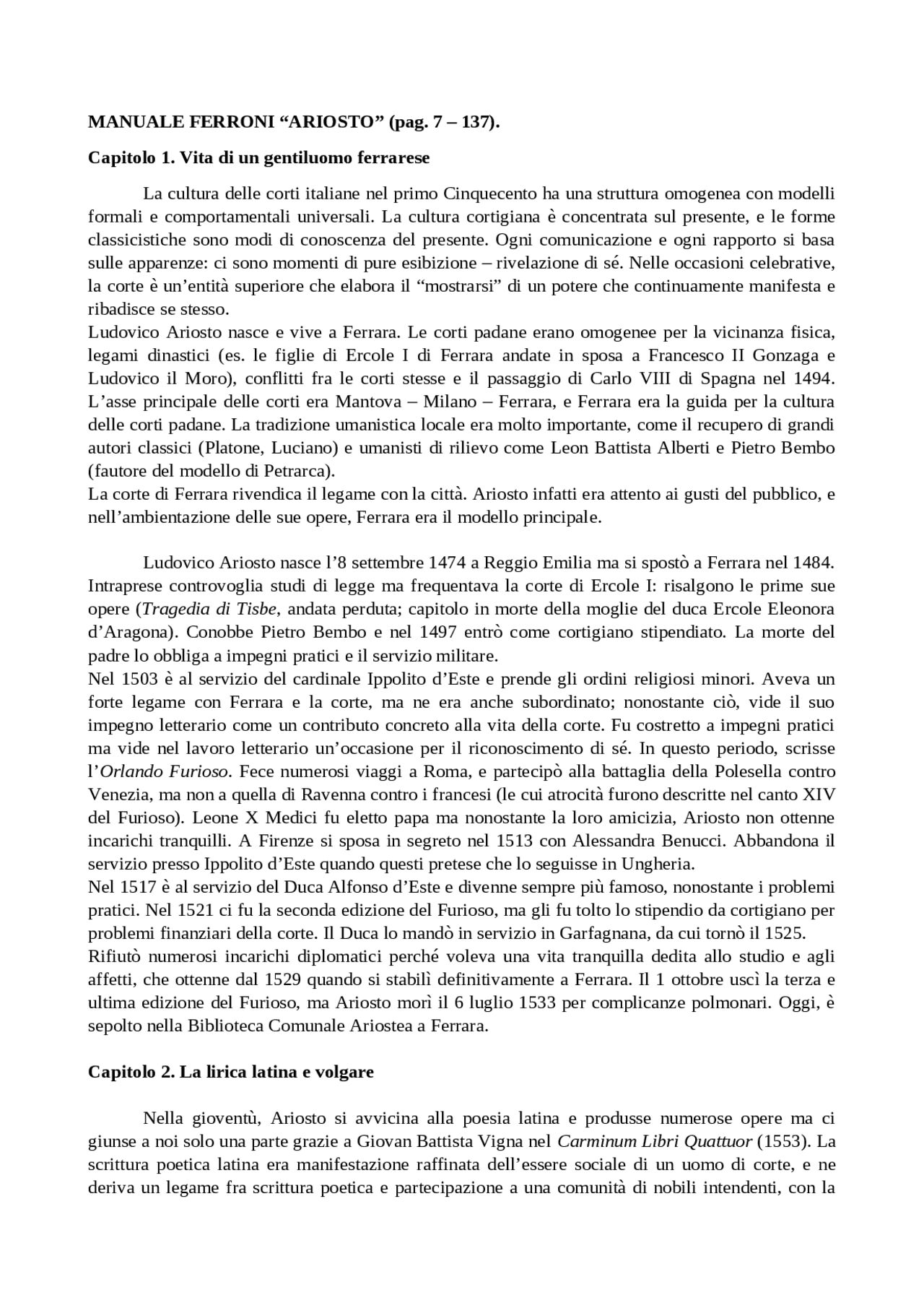 Manuale Ariosto Riassunto Docsity