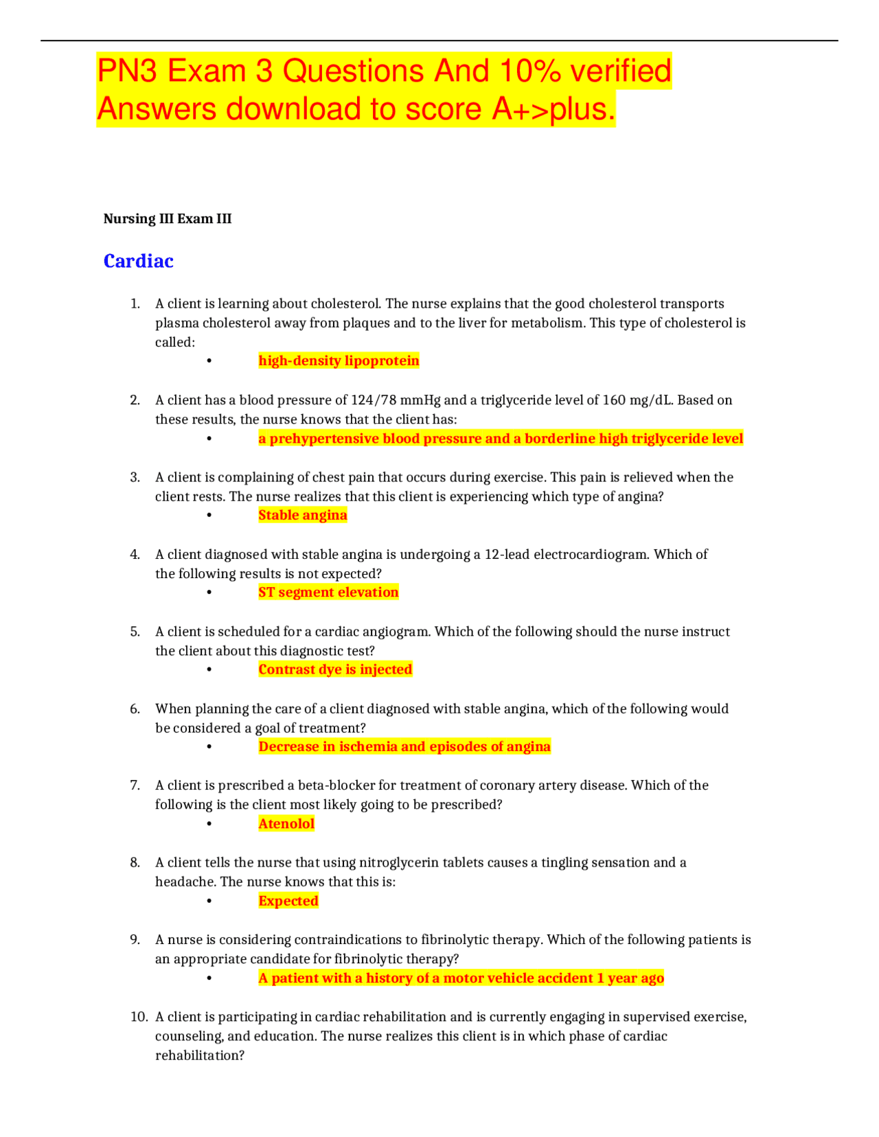 PN3 Exam 3 Questions and Answers | Exams Nursing | Docsity