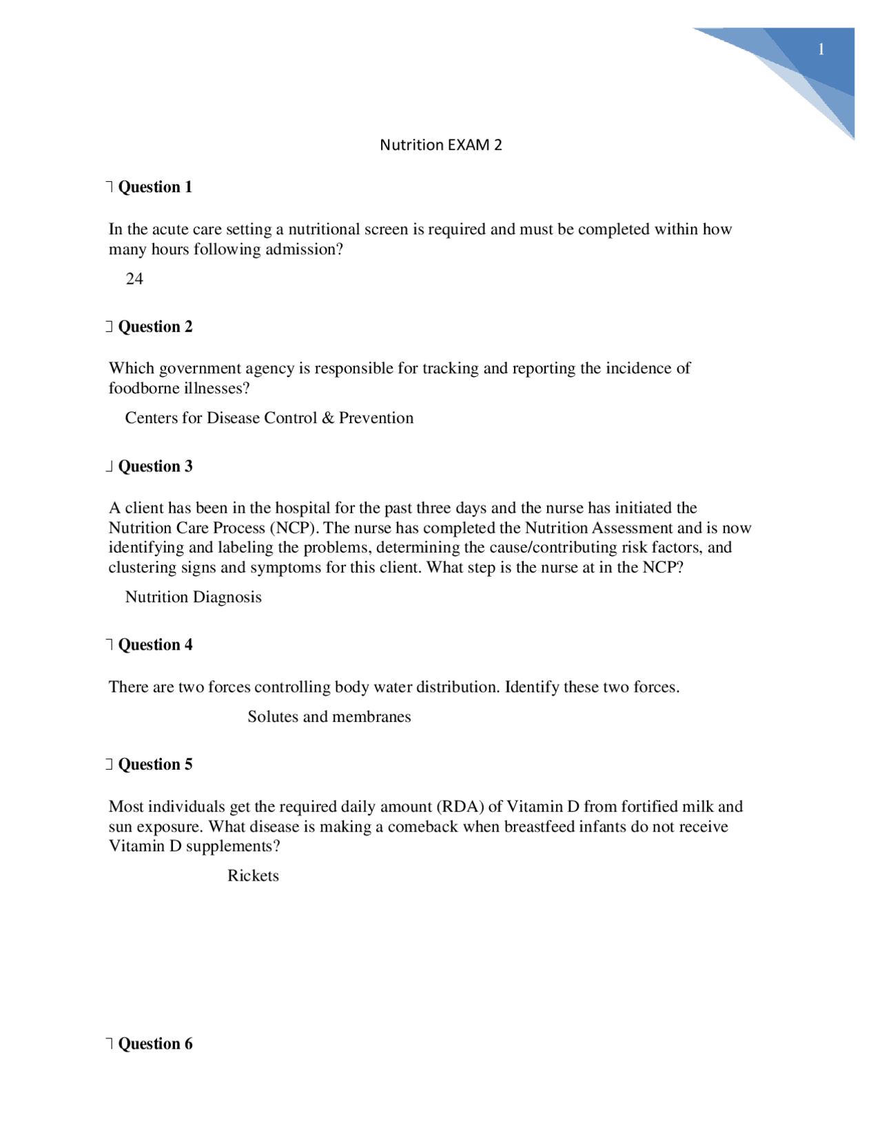 Nutrition Exam Questions and Answers | Exams Nursing | Docsity