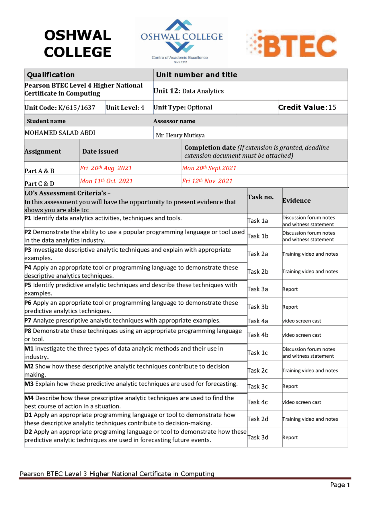 Data Analytics By Salaad Lecture Notes Advanced Data Analysis Docsity
