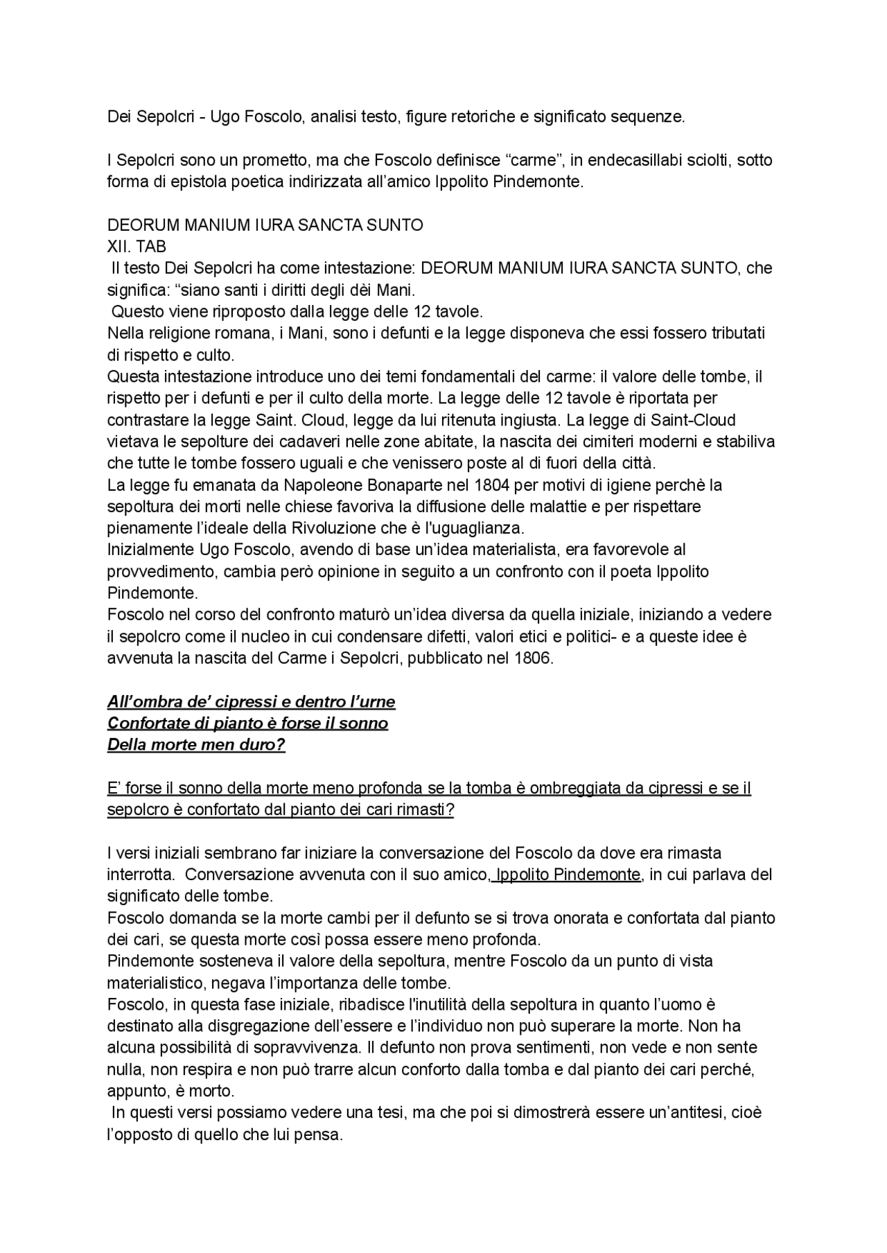 Dei seplocri analisi versi significato | Appunti di Italiano | Docsity