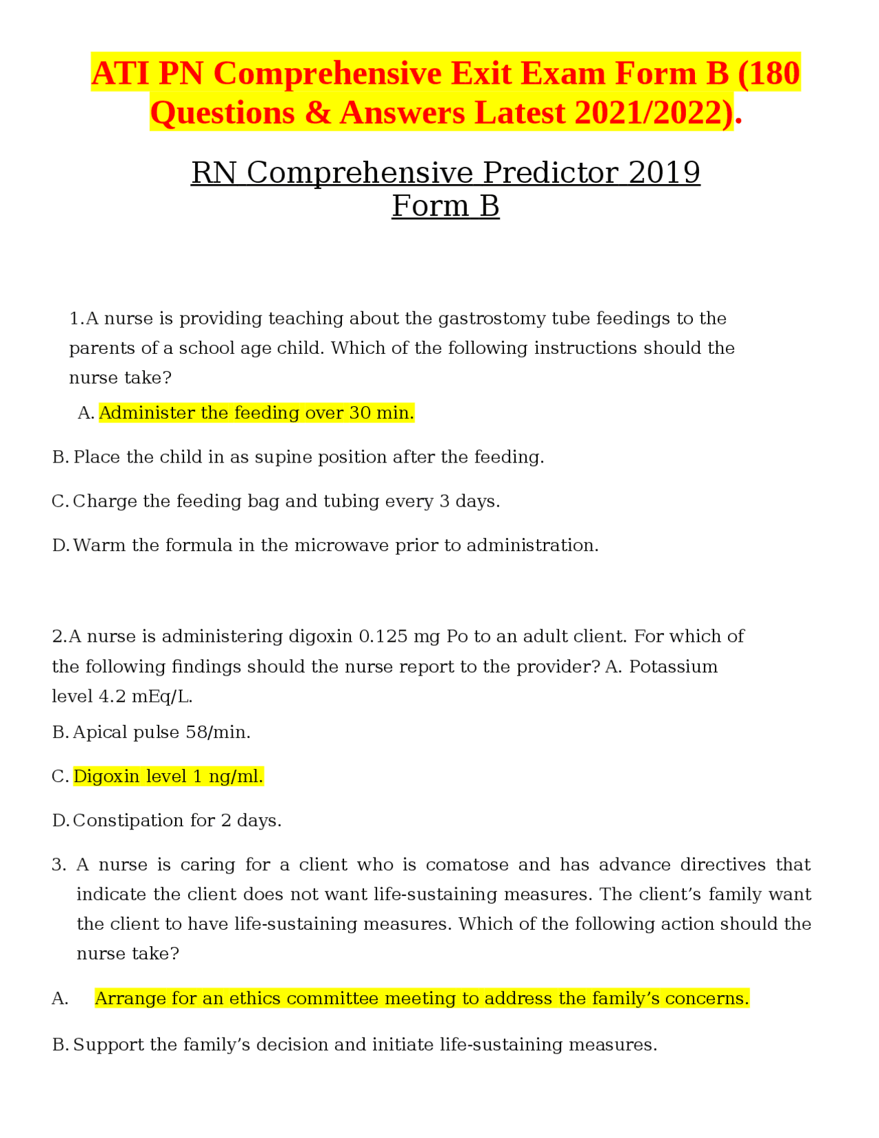 ATI PN Comprehensive Exit Exam Form B (180 Questions & Answers Latest ...