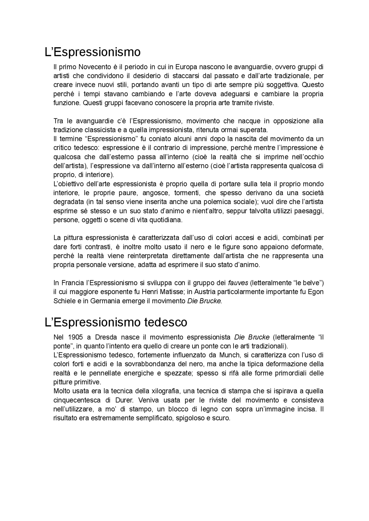 Storia dell'arte: Espressionismo, Kirchner, Schiele e Matisse | Schemi e mappe concettuali di ...