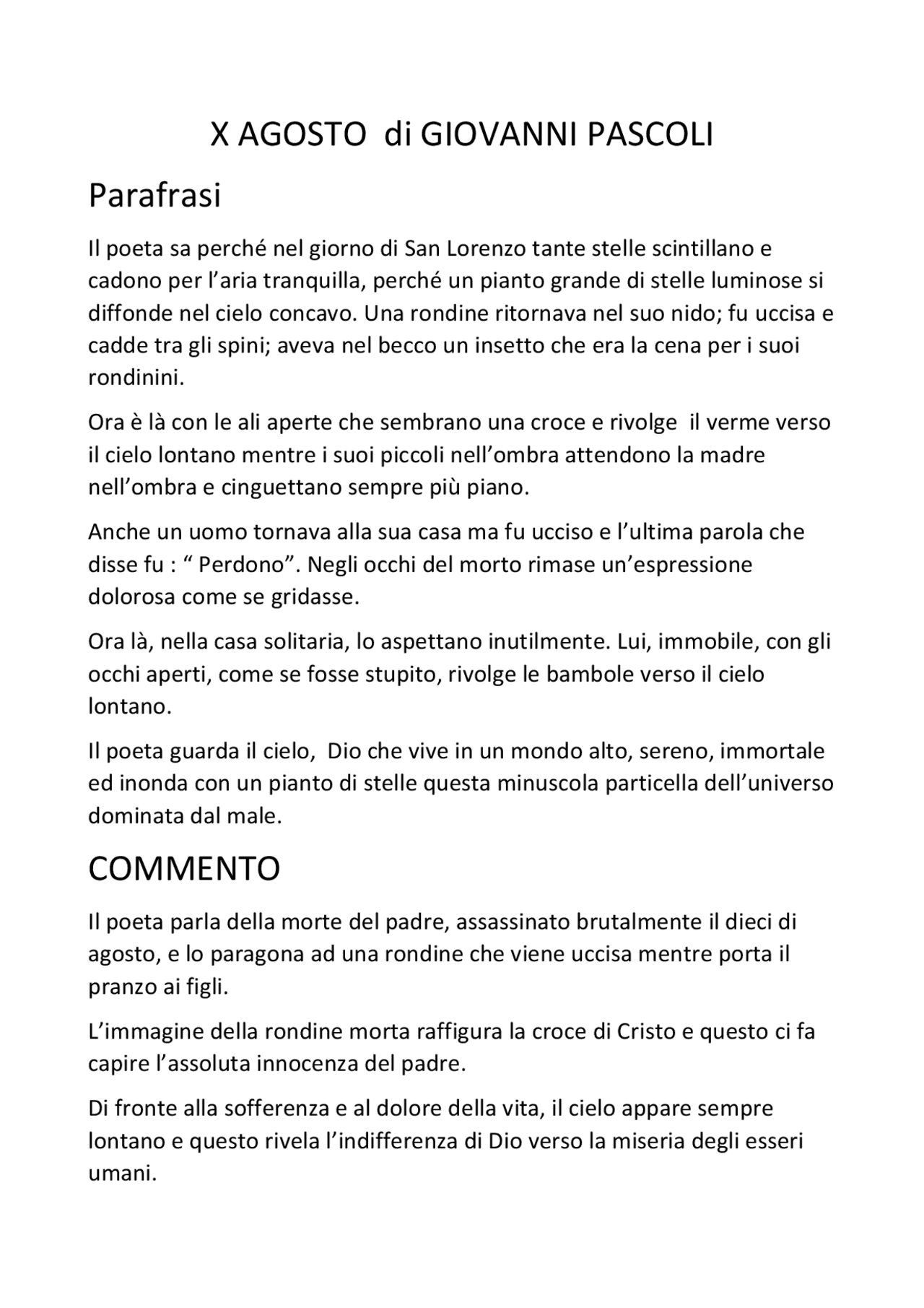 X agosto di Giovanni Pascoli | Appunti di Italiano | Docsity