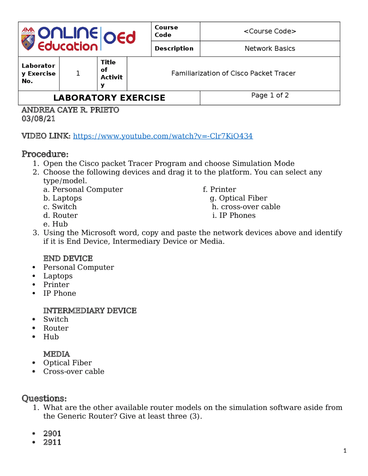 Prieto Andrea Laboratory Exercise 001 | Summaries Compiler Design - Docsity