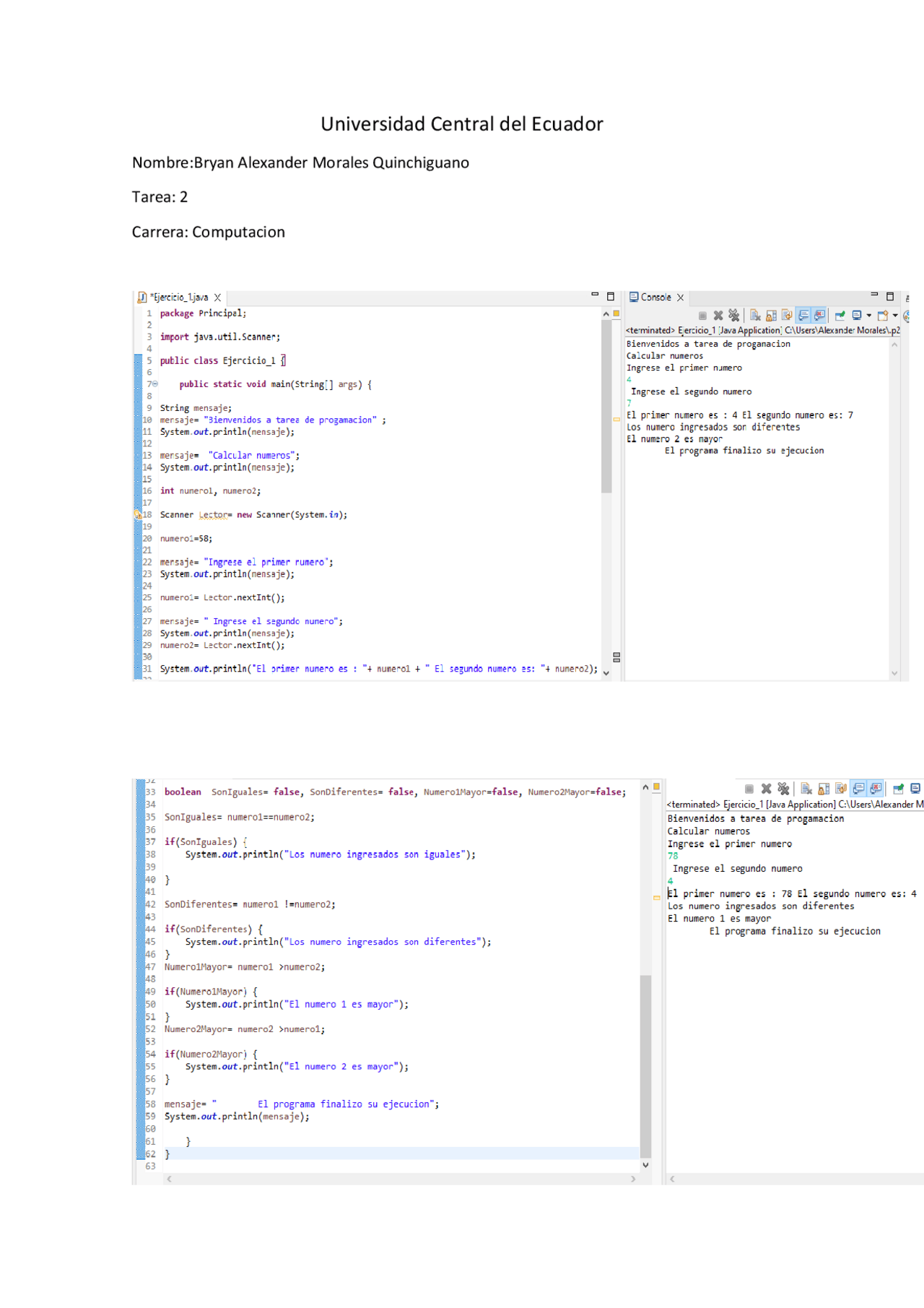 Tarea numero 2 de programacion 1 uce | Ejercicios de Programación Java ...