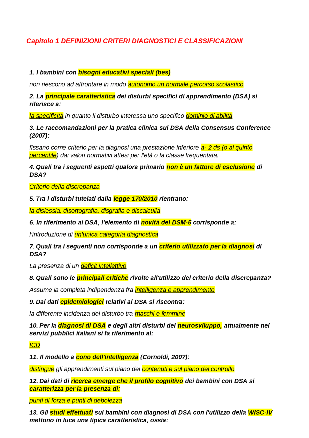 Domande Disturbi Dell Apprendimento Docsity