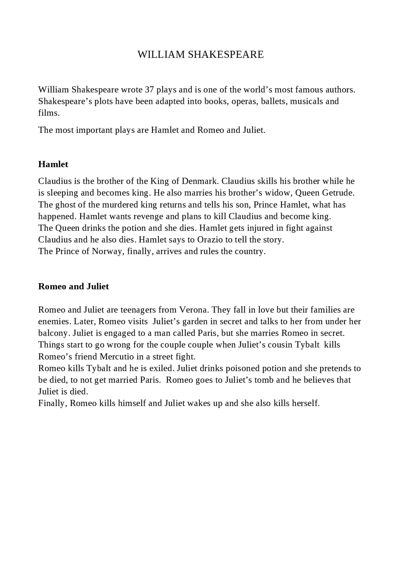 Shakespeare and plays - Docsity