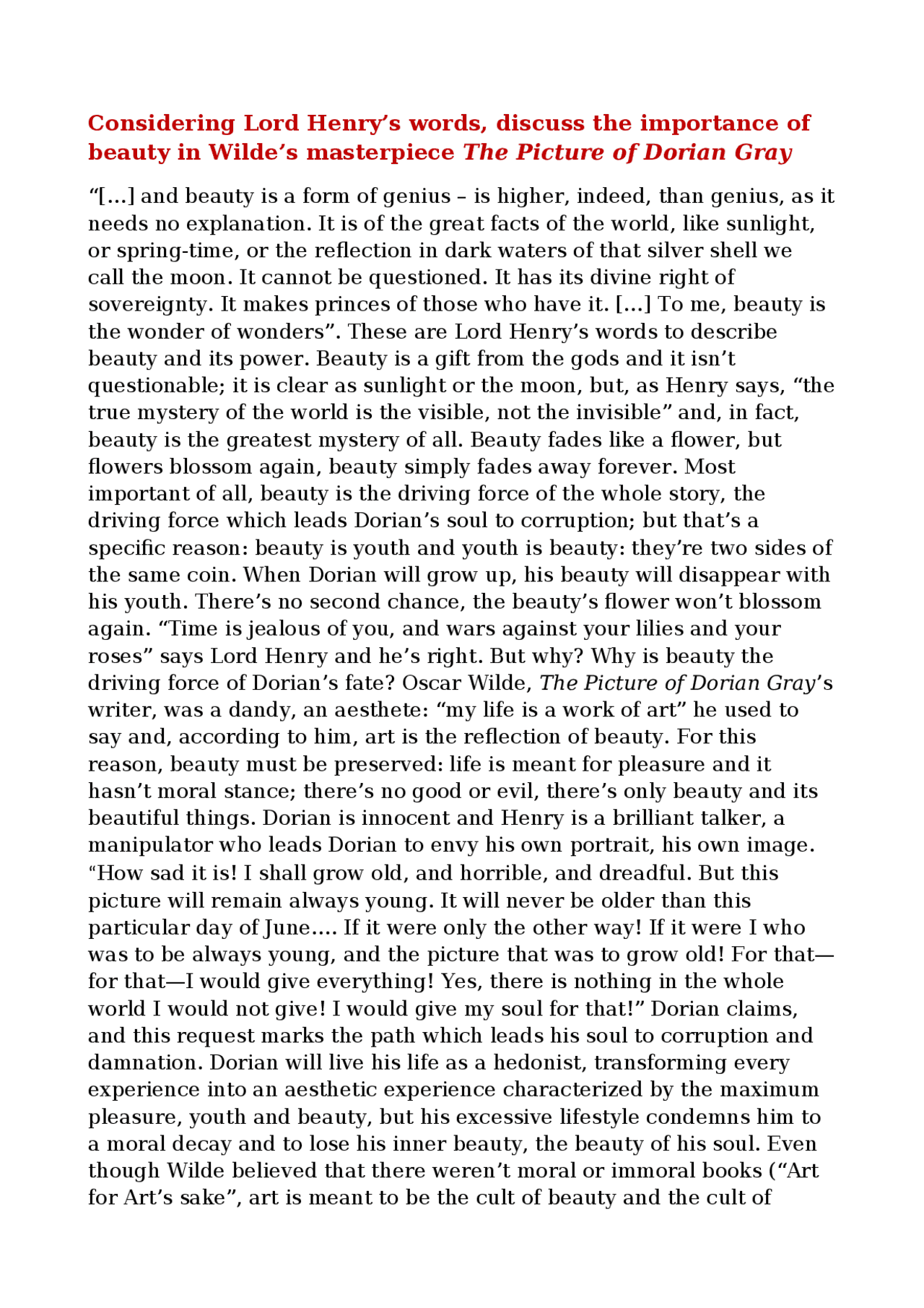 Beauty In The Picture Of Dorian Gray Docsity