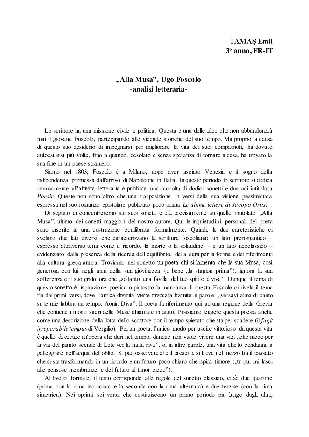 Essay on the poem Alla Musa by Ugo Foscolo | Essays (high school ...
