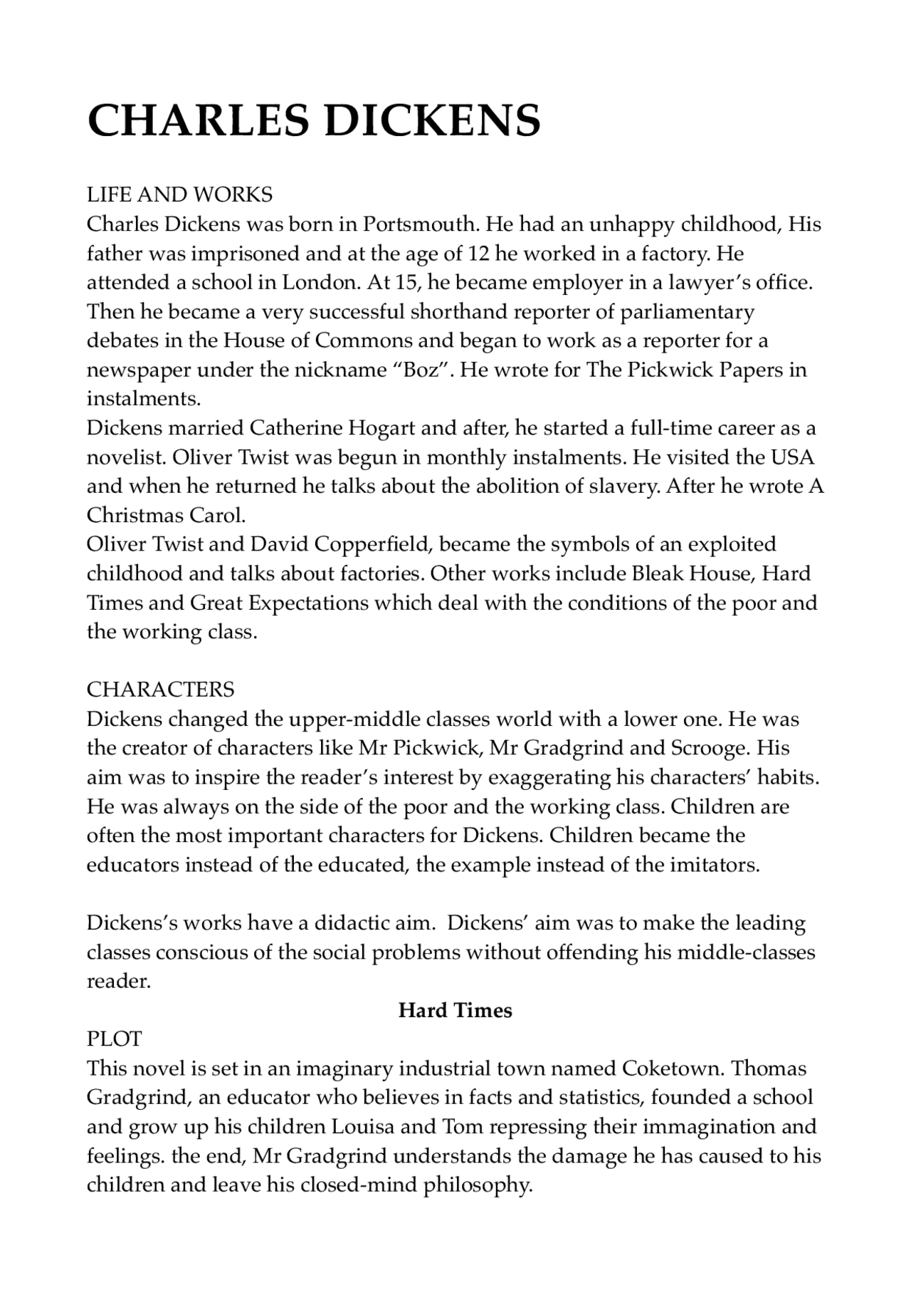 Charles Dickens And Hard Times” Docsity