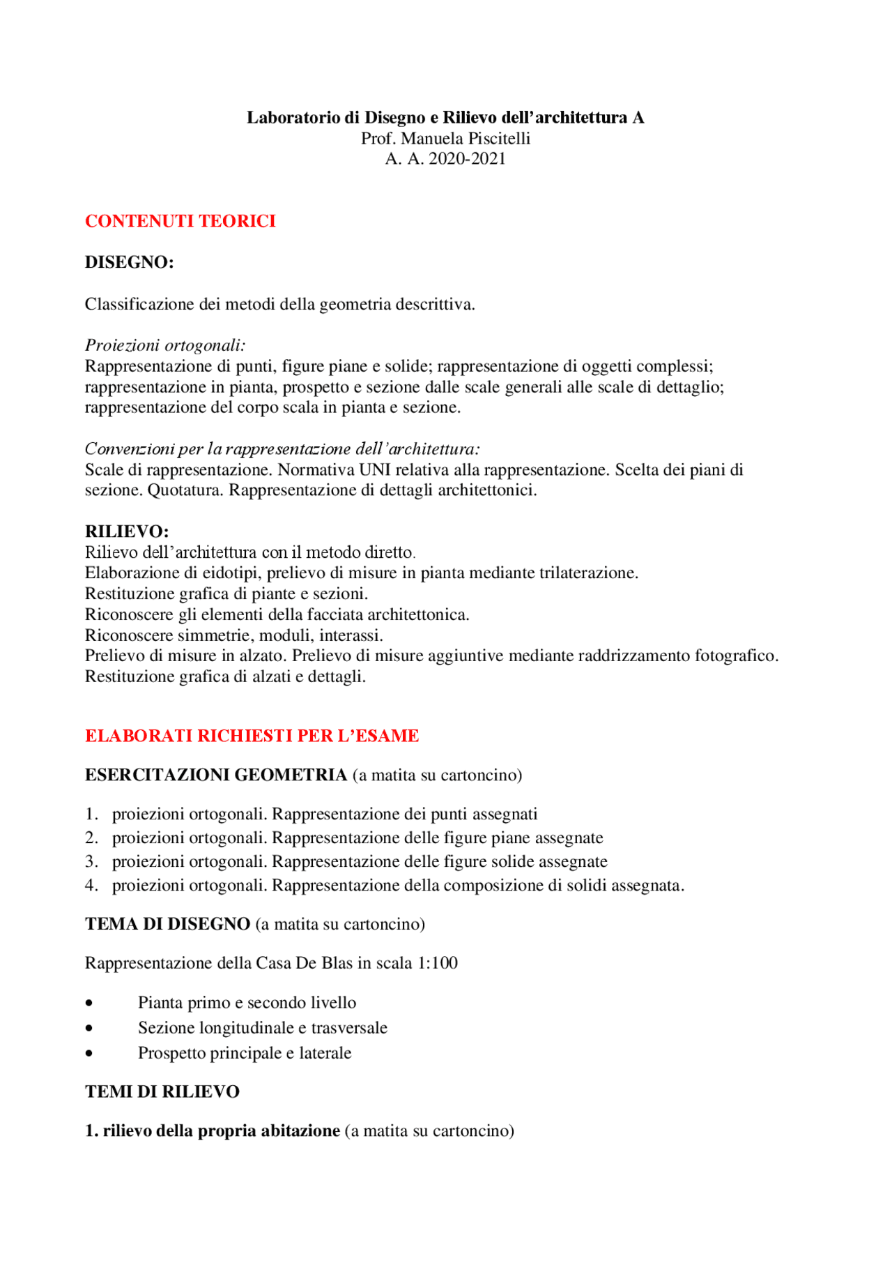 Diseegno E Rilievo Schema Degli Argomenti Docsity