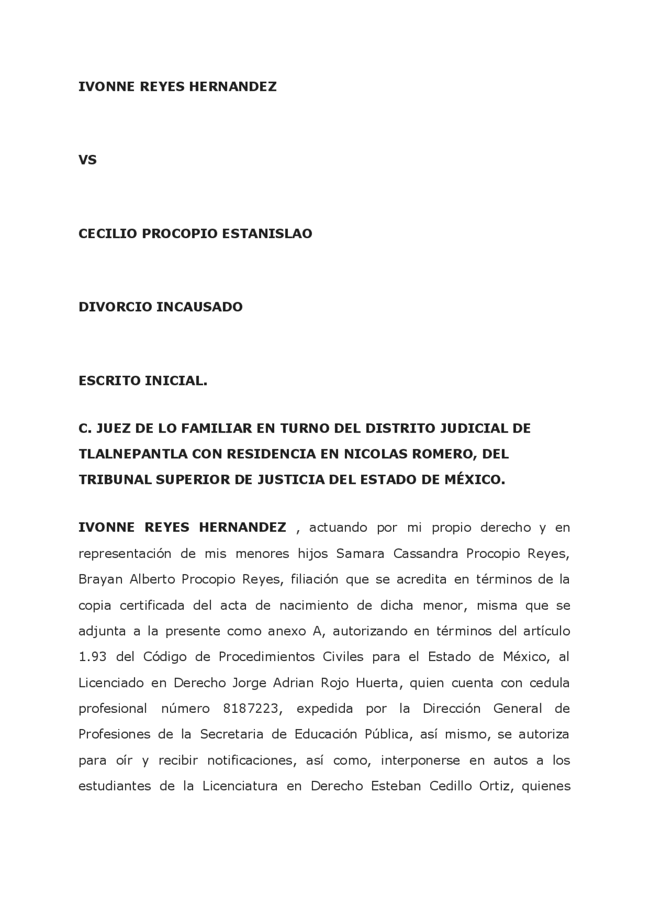 Escrito de divorcio incausado - Docsity