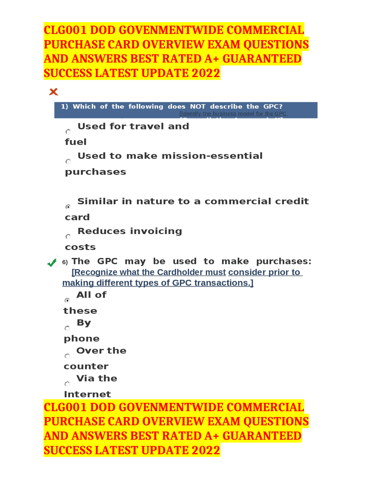 CLG001 DOD GOVENMENTWIDE COMMERCIAL PURCHASE CARD OVERVIEW EXAM ...