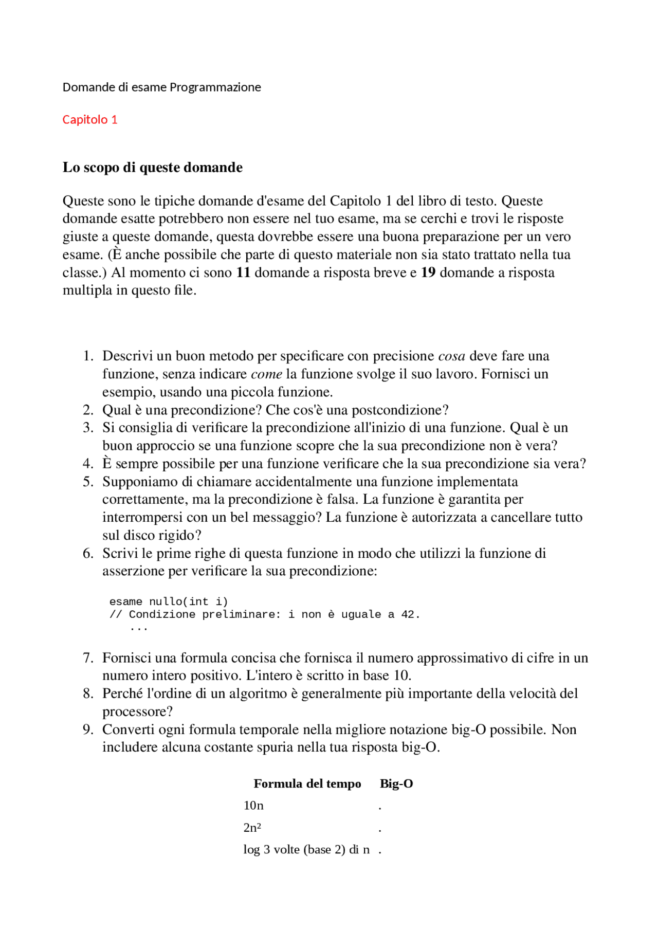 Domande Esame Programmazione 1 Docsity