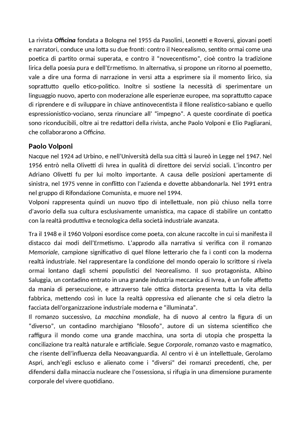 Paolo Volponi - vita e opere | Appunti di Letteratura | Docsity